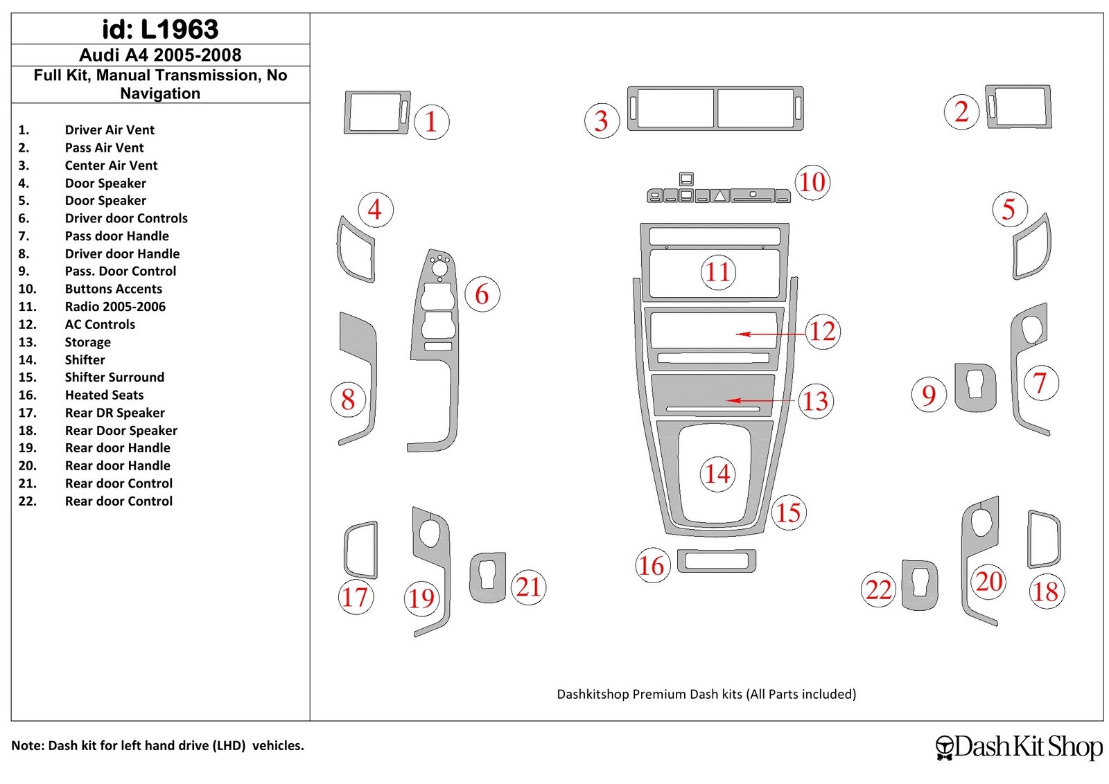 Декоративные накладки салона для Audi A4 2005-2008. Комплект L1963.