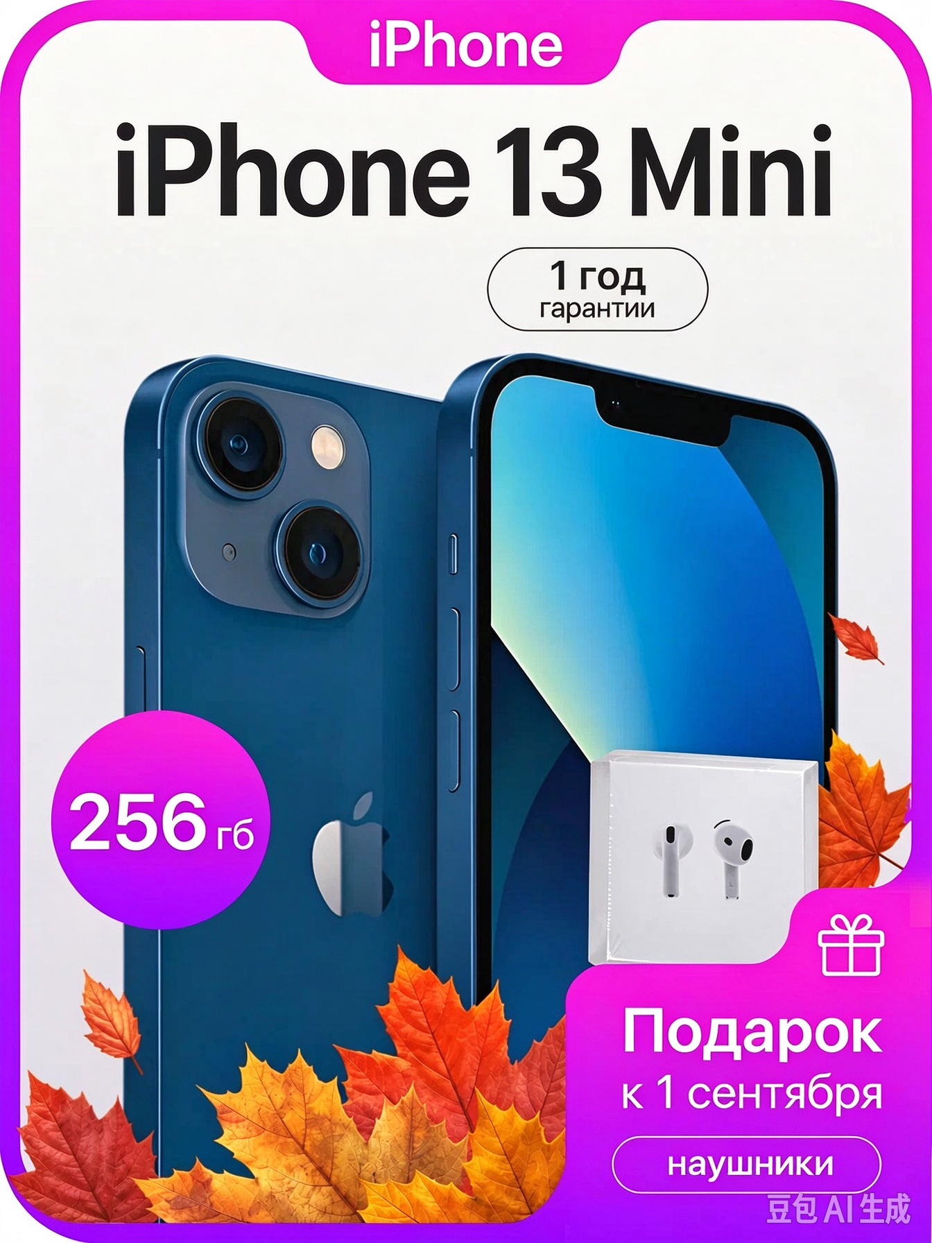 Смартфон Apple iPhone 13 mini 256 GB, nano SIM+eSIM, синий, Восстановленный