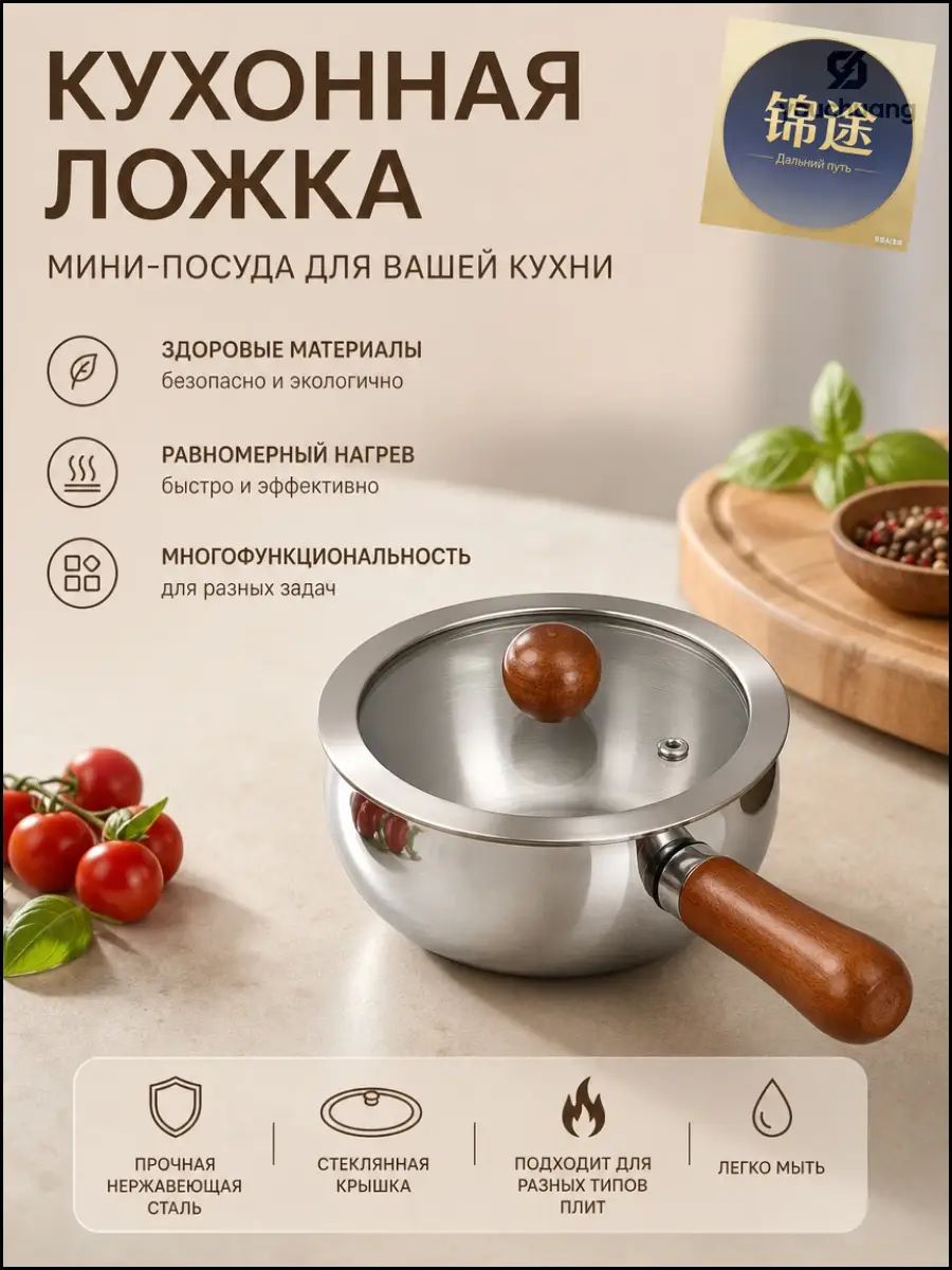 Кухонный ковш 1 л 17 см с крышкой, нержавеющая сталь