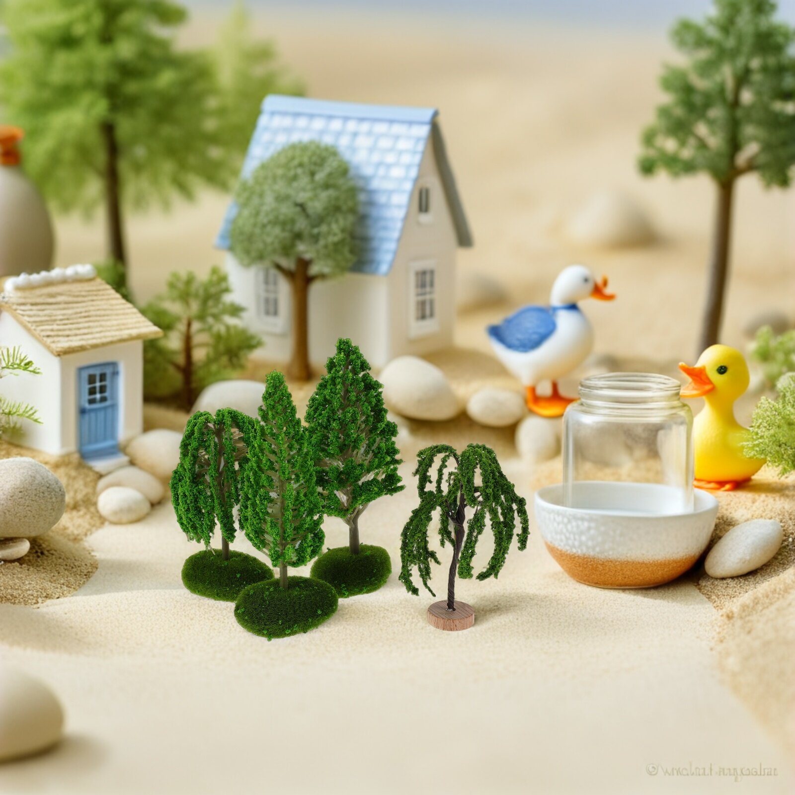 Набор пластиковых миниатюрных деревьев для диорам и макетов из 4 штук зелёного цвета