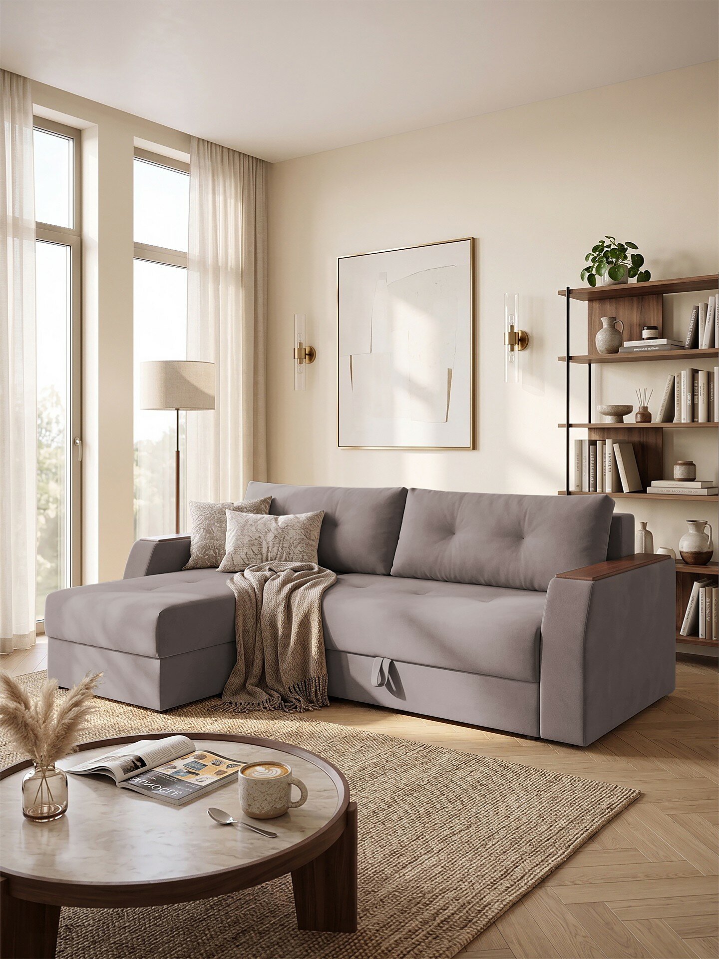 Диван с оттоманкой Арго Лайт Velutto 37 GM 232x150x80 см, бежевый Велютто, еврокнижка GOODFORM