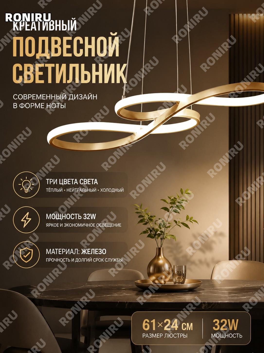 Золотая люстра подвесная нота 61×24 см трехцветный свет 32W из железа для гостиной спальни бара современный дизайн