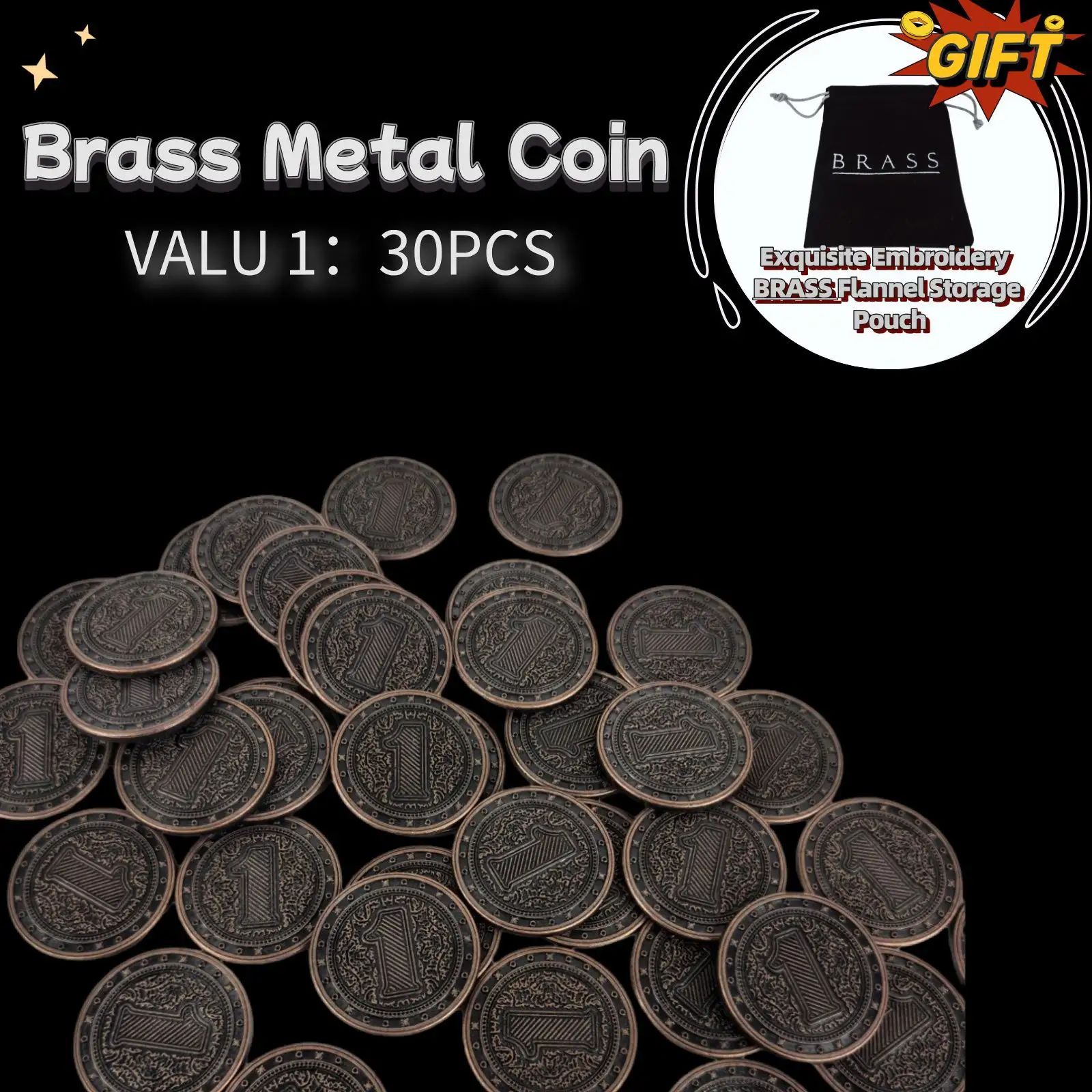 Настольные жетоны "Brass Metal Coin": металлические монеты для настольной игры, аксессуары к игре Brass, в подарок бархатный мешочек, коллекционные компоненты.
