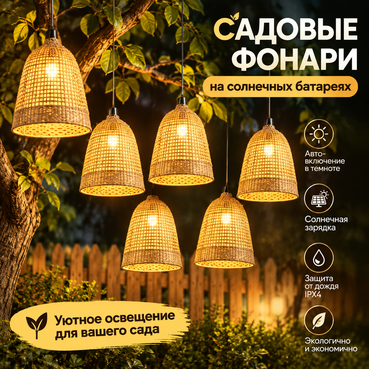 Плетеный уличный светильник-фонарь 30 см, водонепроницаемый, теплый свет, декор для сада, дачи и вечеринок