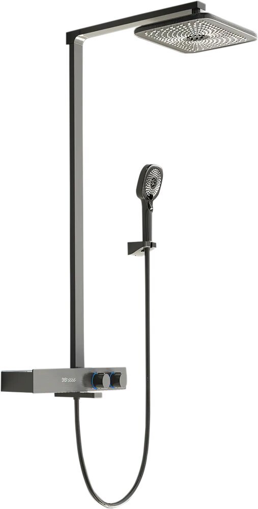Душевая стойка Vincea Inspire VSFS-3I13TGM со смесителем, термостатическим, вороненая сталь, матовая, душевая система с тропическим душем, с изливом, с лейкой, латунная