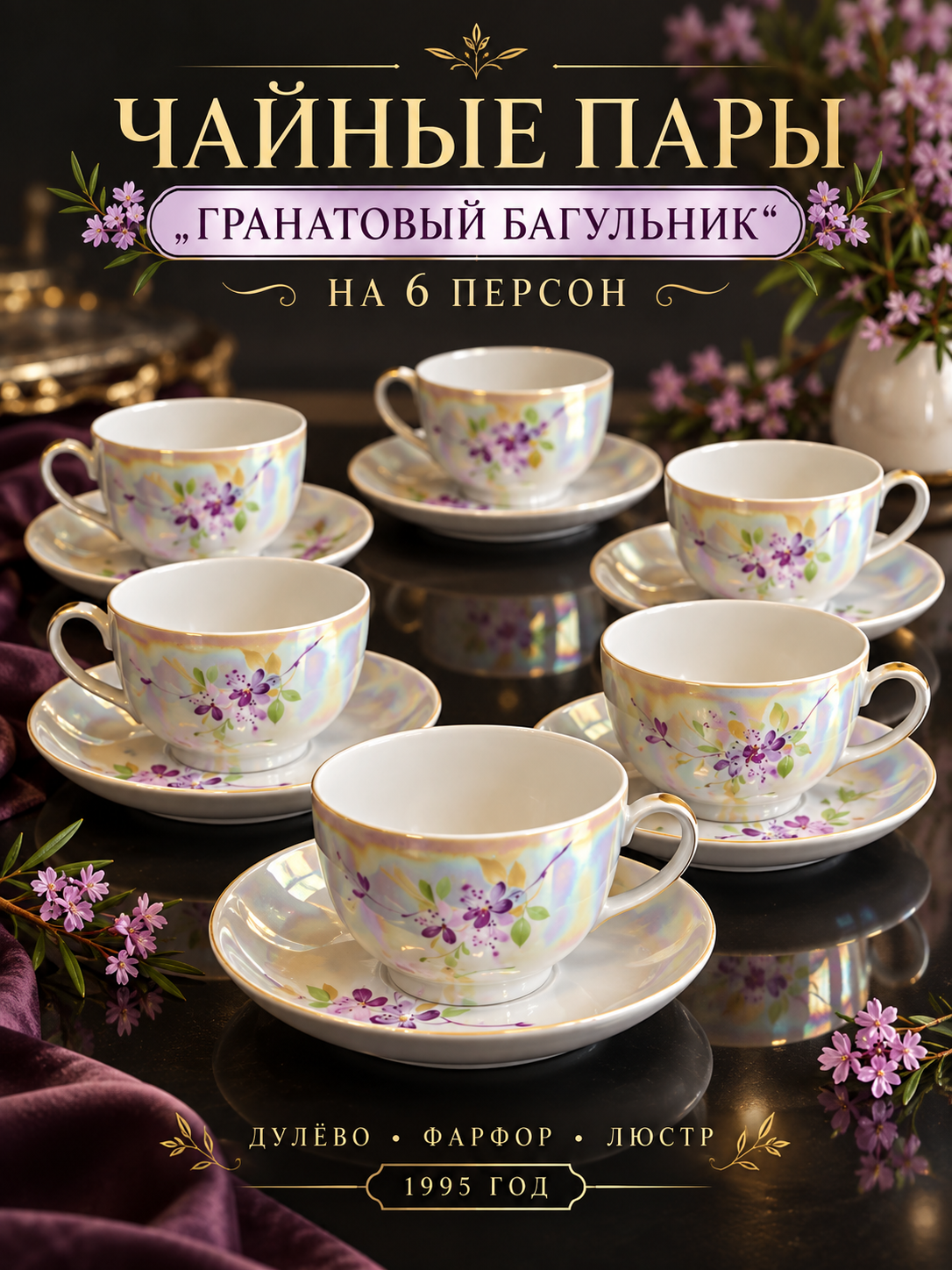 Чайные пары на 6 персон фарфоровые из сервиза "Гранатовый багульник", деколь, люстр, золочение, Дулево ФЗ винтаж 1995 год