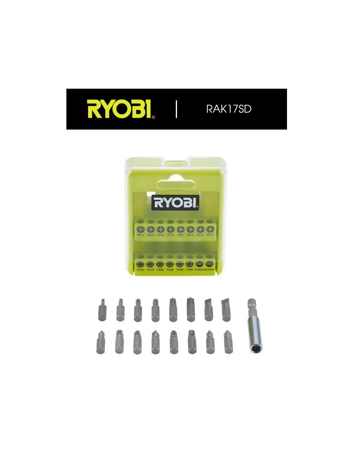 Набор бит Ryobi RAK17SD, 17 шт, PH/PZ/TX/SL, 25 мм, с магнитным держателем, арт. 5132002550