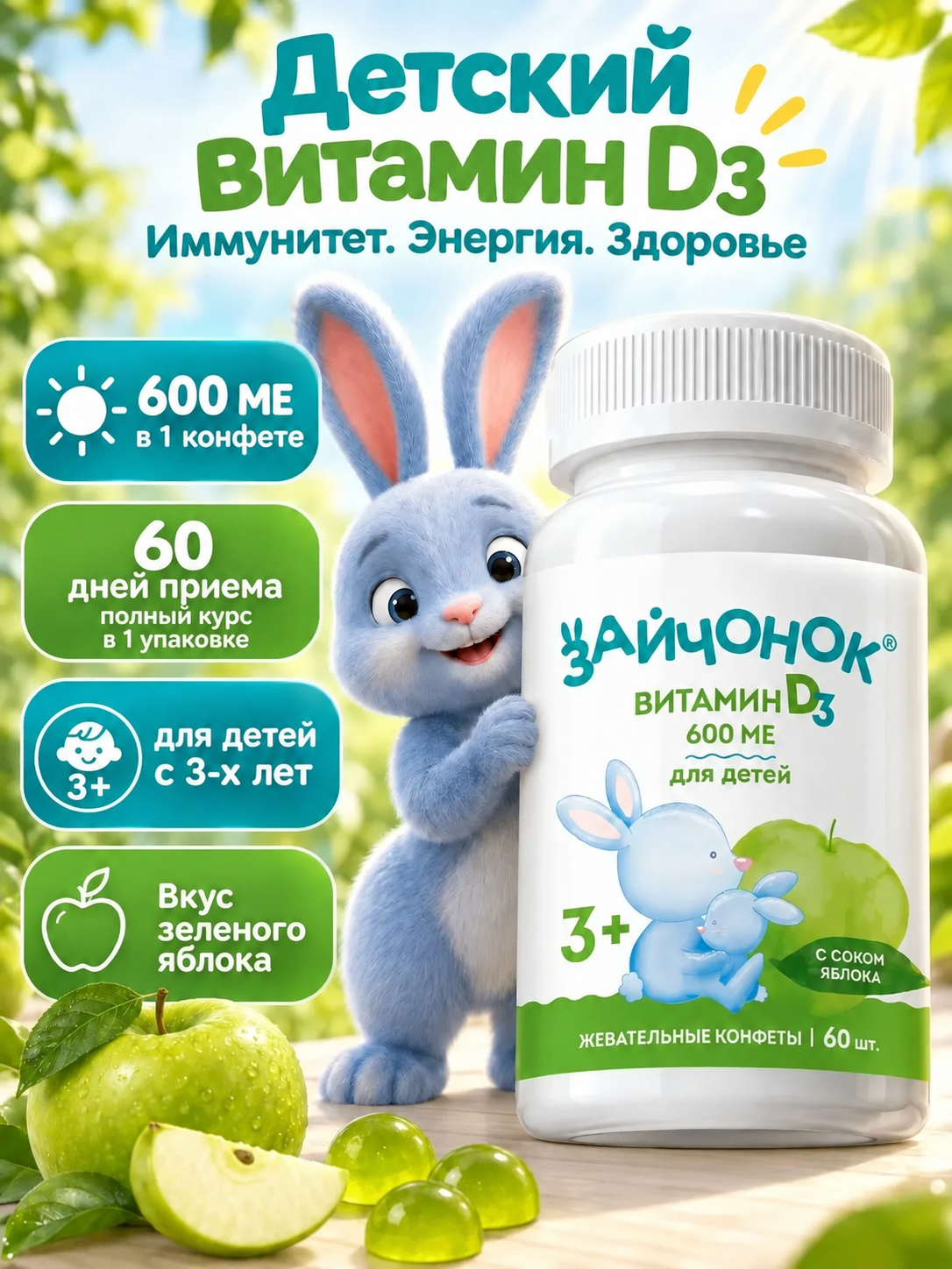Мультивитамины Зайчонок, для иммунитета, витамины D3 для костной системы от 3 лет, 60 шт