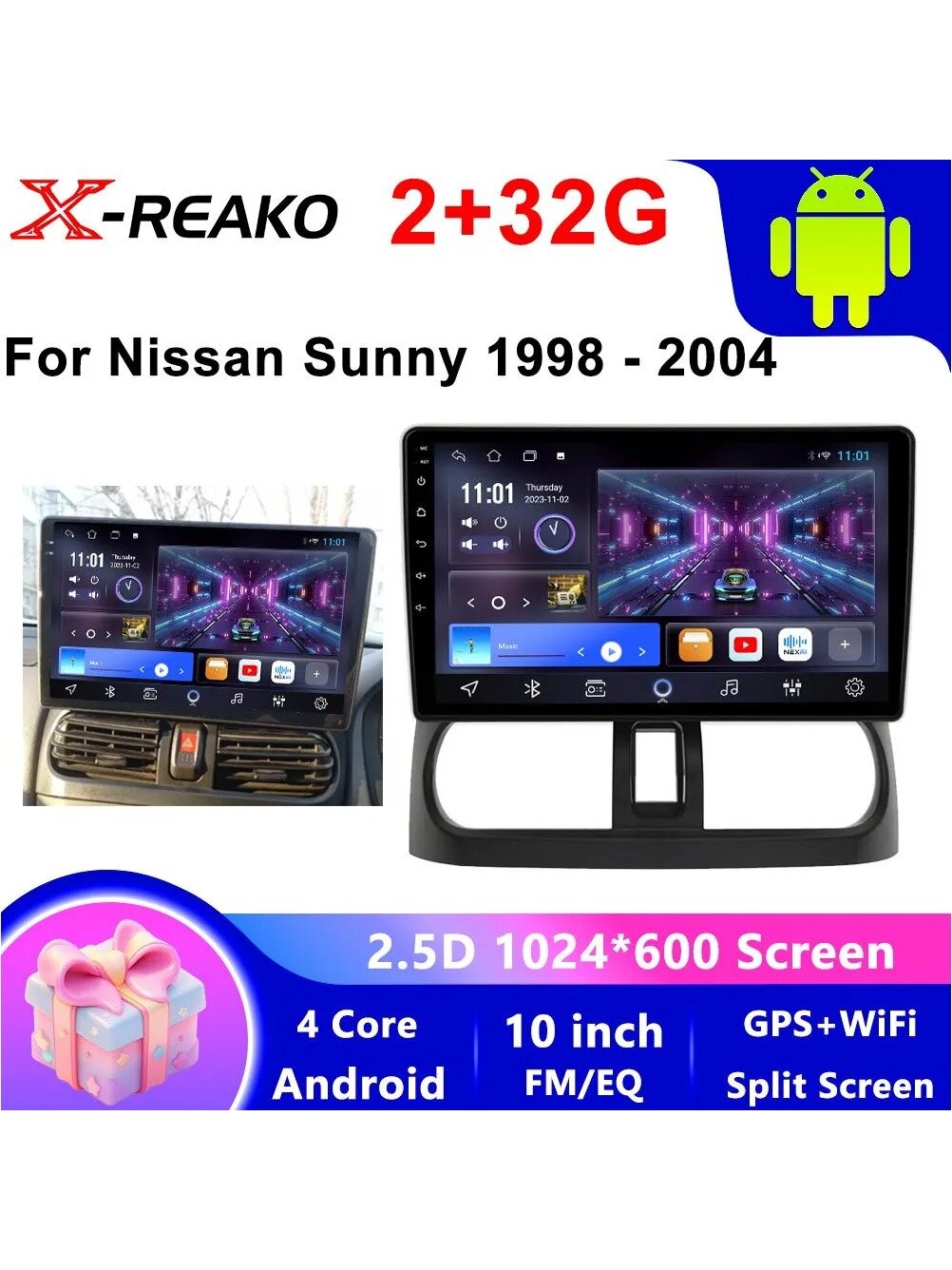 Автомагнитола X-REAKO 2 DIN для Nissan Sunny 10" Android 2/32 ГБ GPS Wi-Fi
