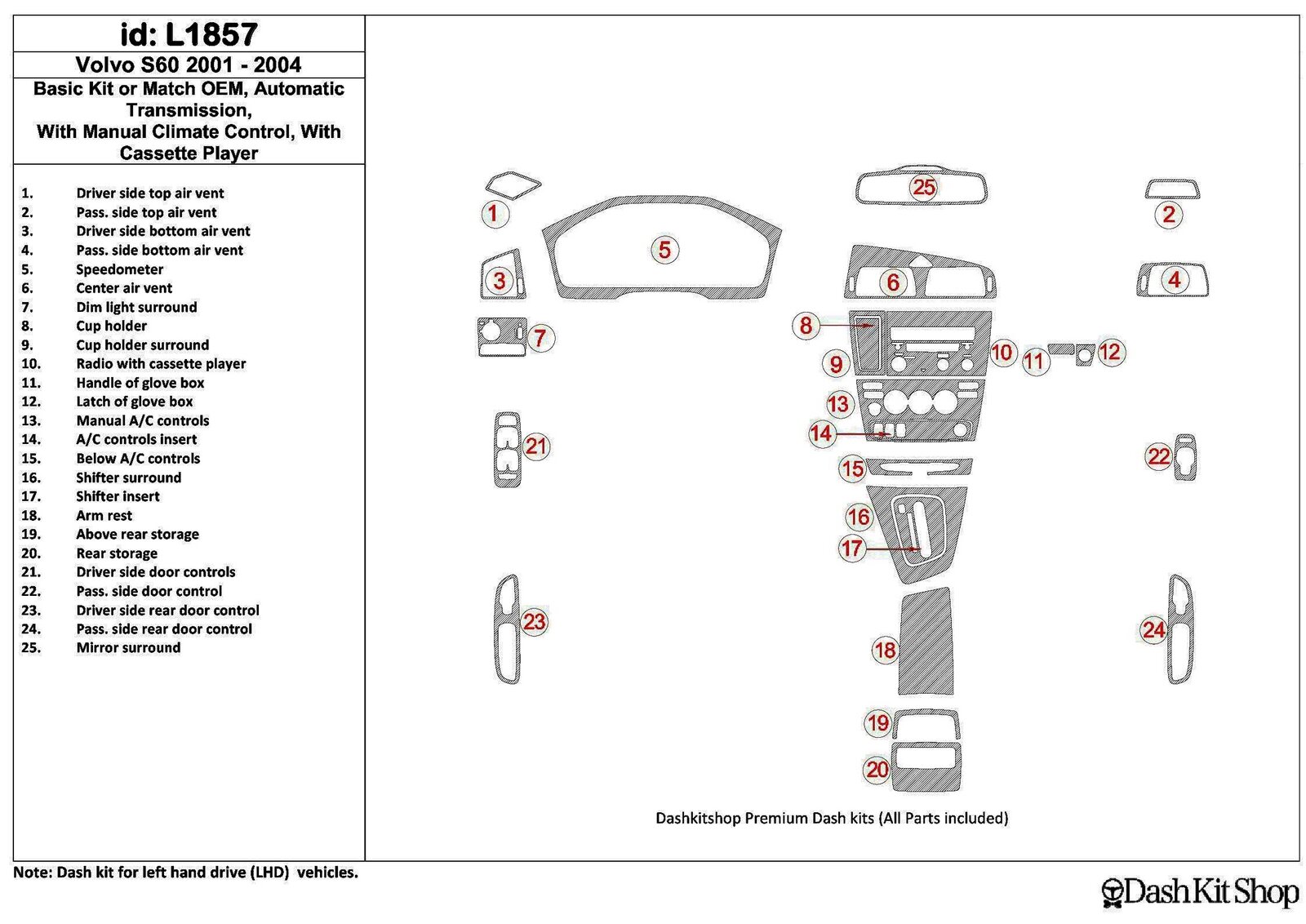 Декоративные накладки салона для Volvo S60 2001-2004. Комплект L1857.