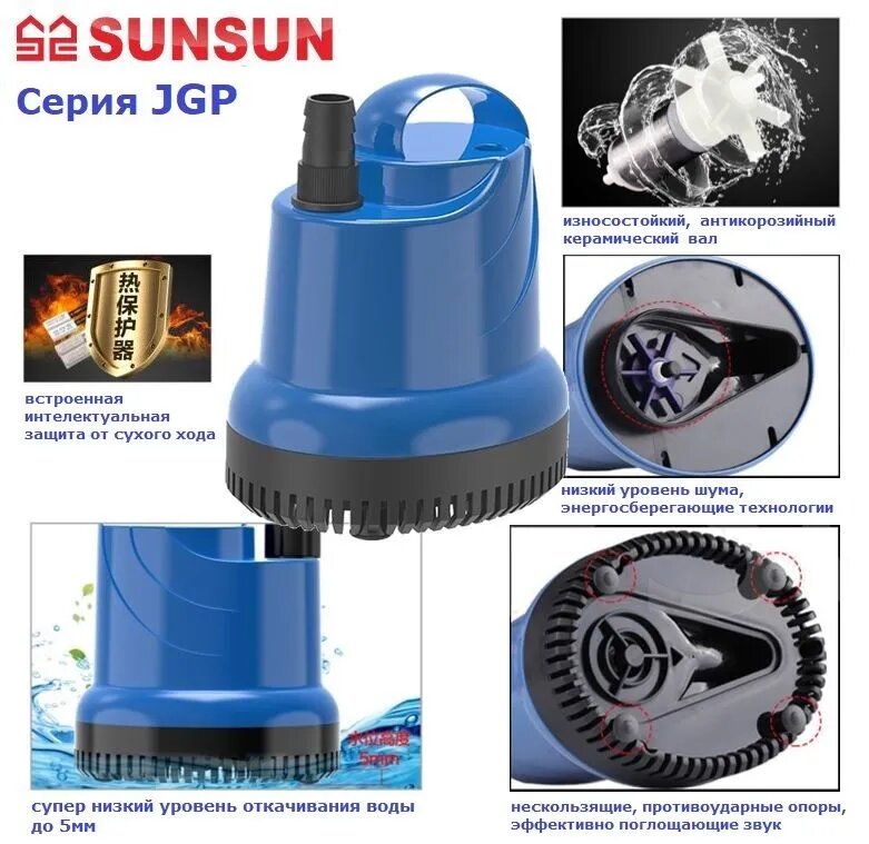 Насос для пруда SUNSUN JGP-3000L, 3000 л/ч, 55 Вт, с защитой от сухого хода и керамическим ротором