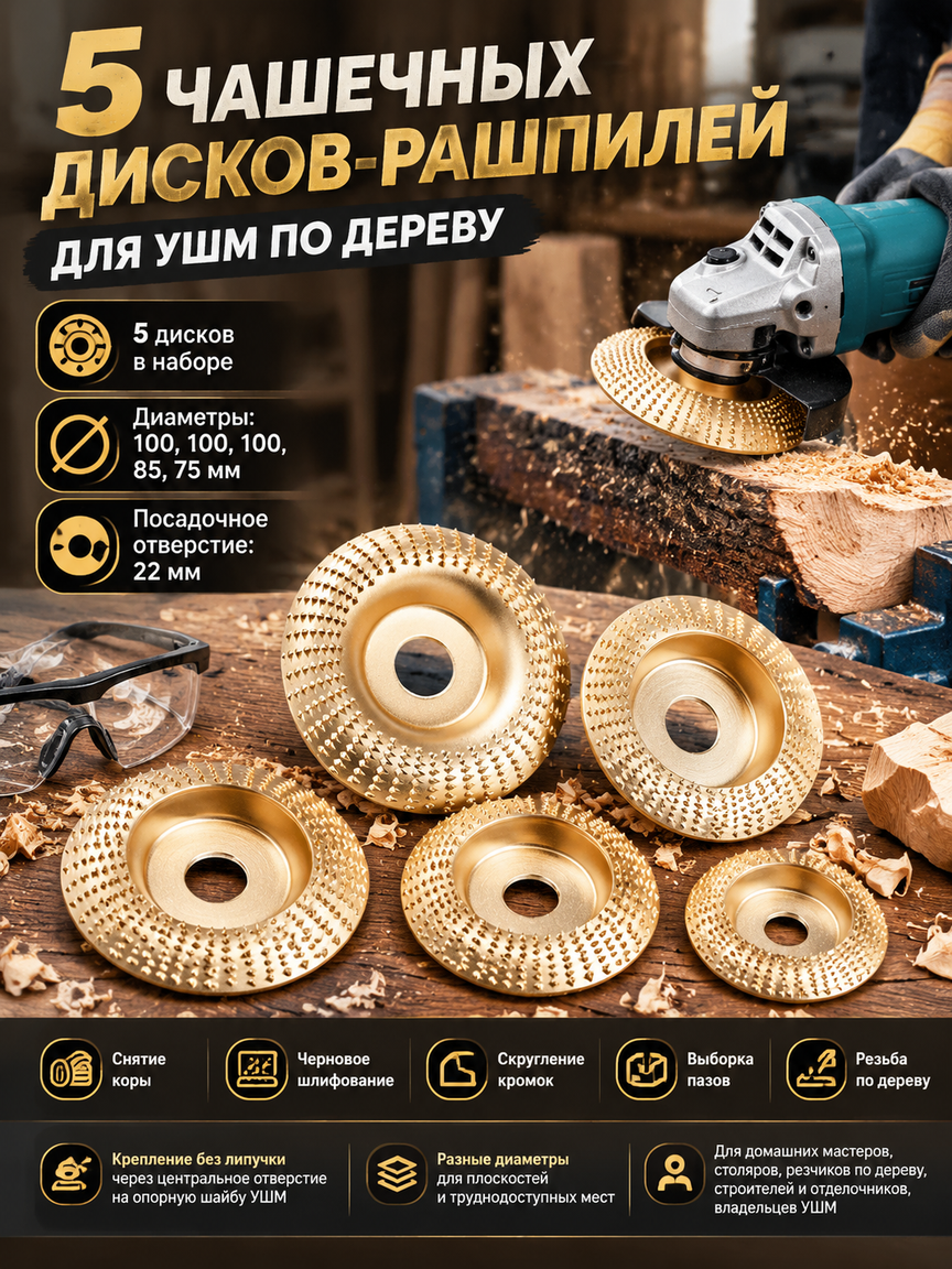 5 чашечных дисков-рашпилей для УШМ по дереву, обдирочные фрезы 100, 85 и 75 мм, посадка 22 мм