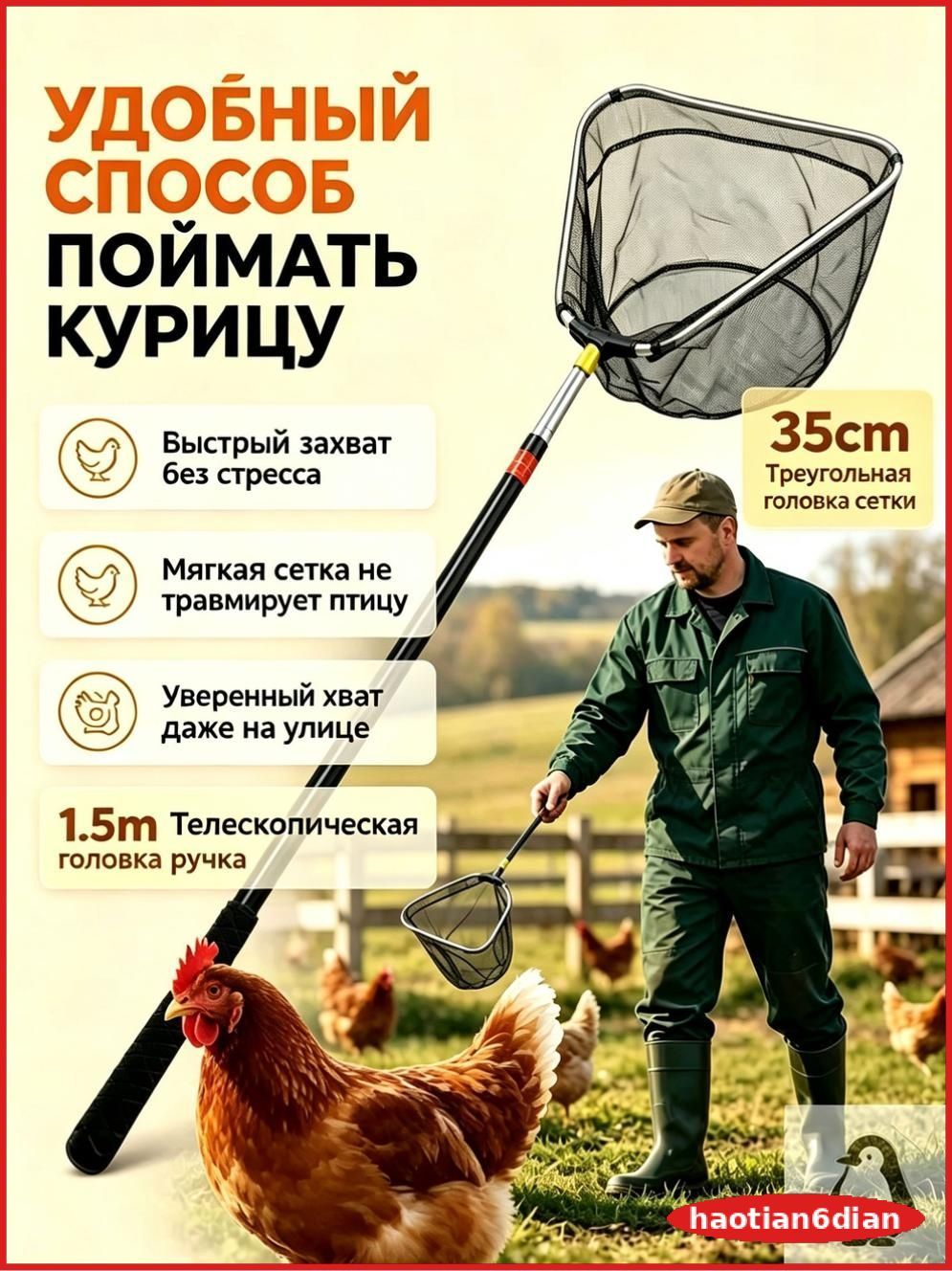 Набор для ловли кур: телескопическая штанга, сачок . для ловли цыплят и взрослых кур на ферме