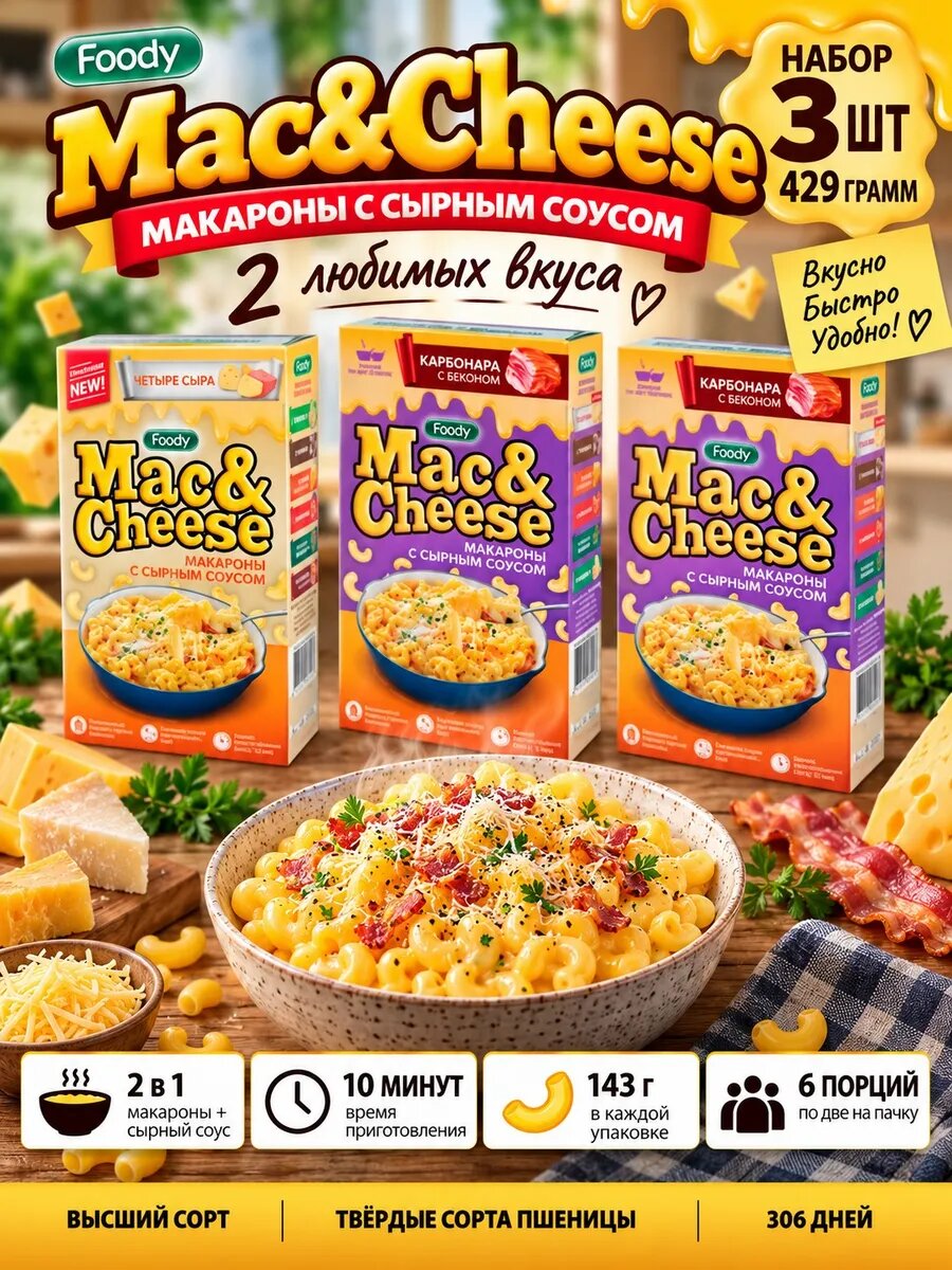 Макароны Mac&Cheese 4 сыра, Карбонара ×2 набор 3 шт 429 г, срок годности 306 дней