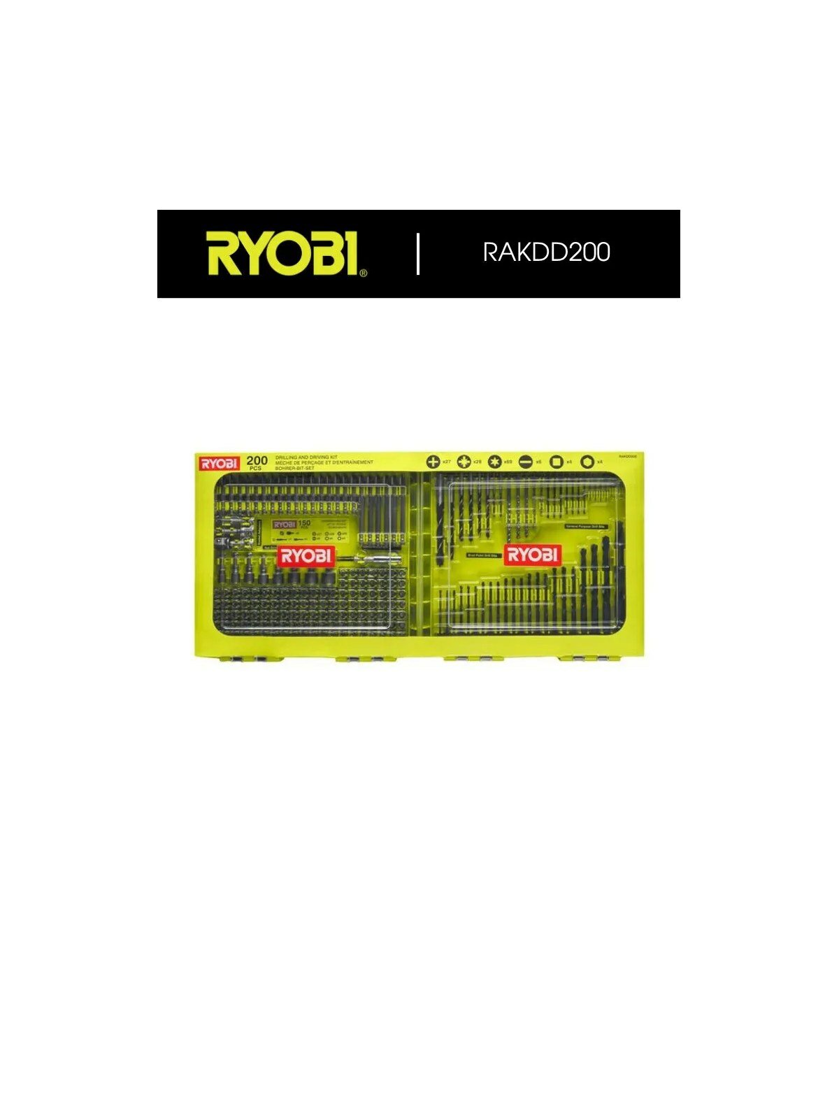 Набор принадлежностей Ryobi RAKDD200 для сверления и завинчивания (200 предметов) арт. 5132004668