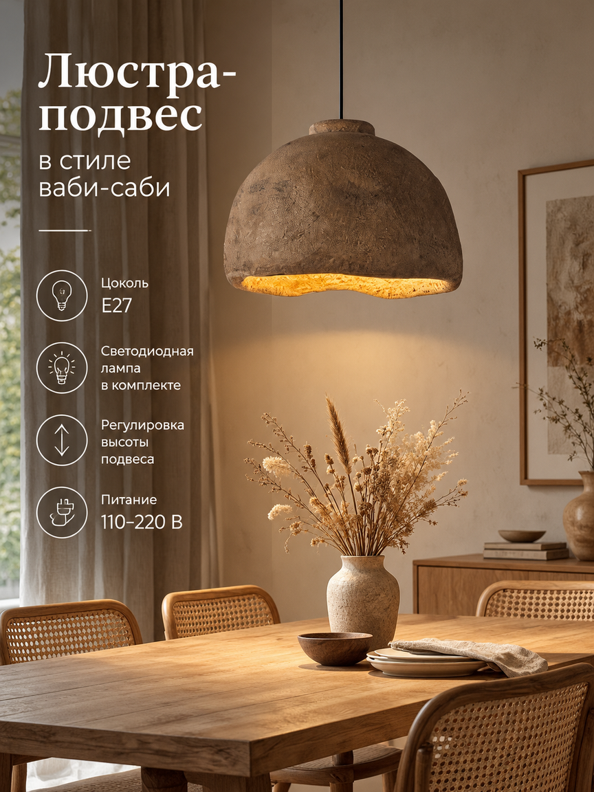 Люстра-подвес в стиле ваби-саби, тёмно-коричневый купол, E27, высота регулируется