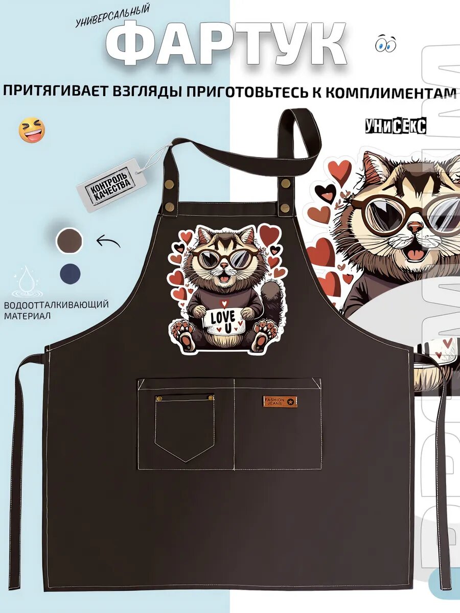 Фартук Кот в очках с табличкой LOVE U мультяшный кухонный с принтом универсальный