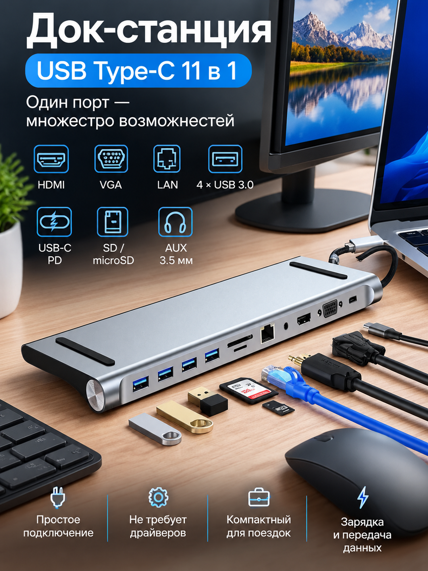 Док-станция USB Type-C 11 в 1 с HDMI, VGA, LAN, 4 портами USB 3.0, PD и слотами SD/microSD