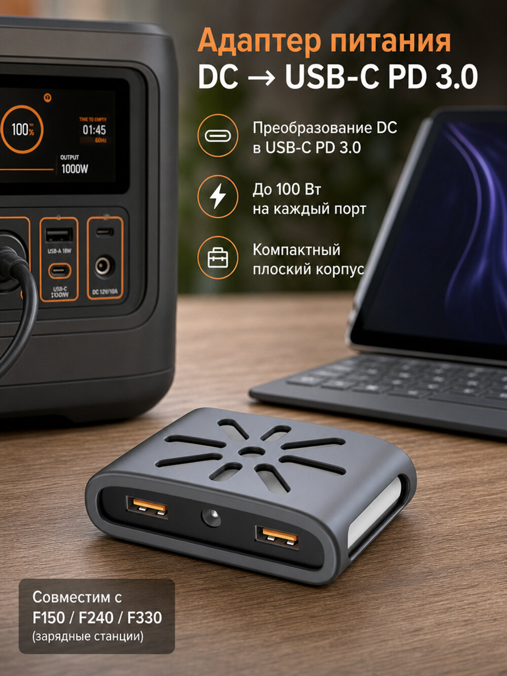 Адаптер питания DC–USB-C PD 3.0 для F150, F240 и F330, до 100 Вт на каждый порт