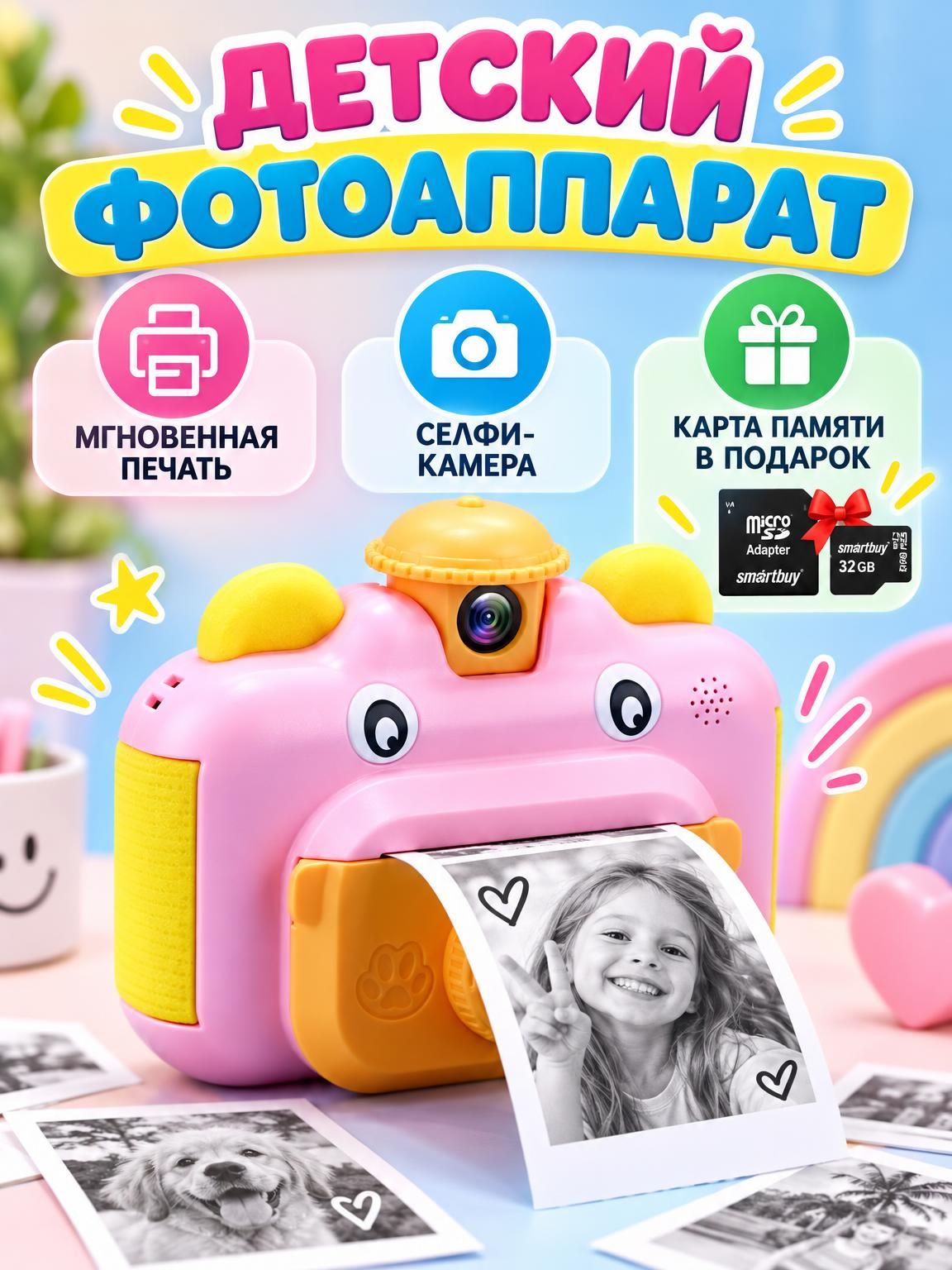 Детский фотоаппарат мгновенной печати /Полароид моментальной печати+CD карта В подарок(Розовый)