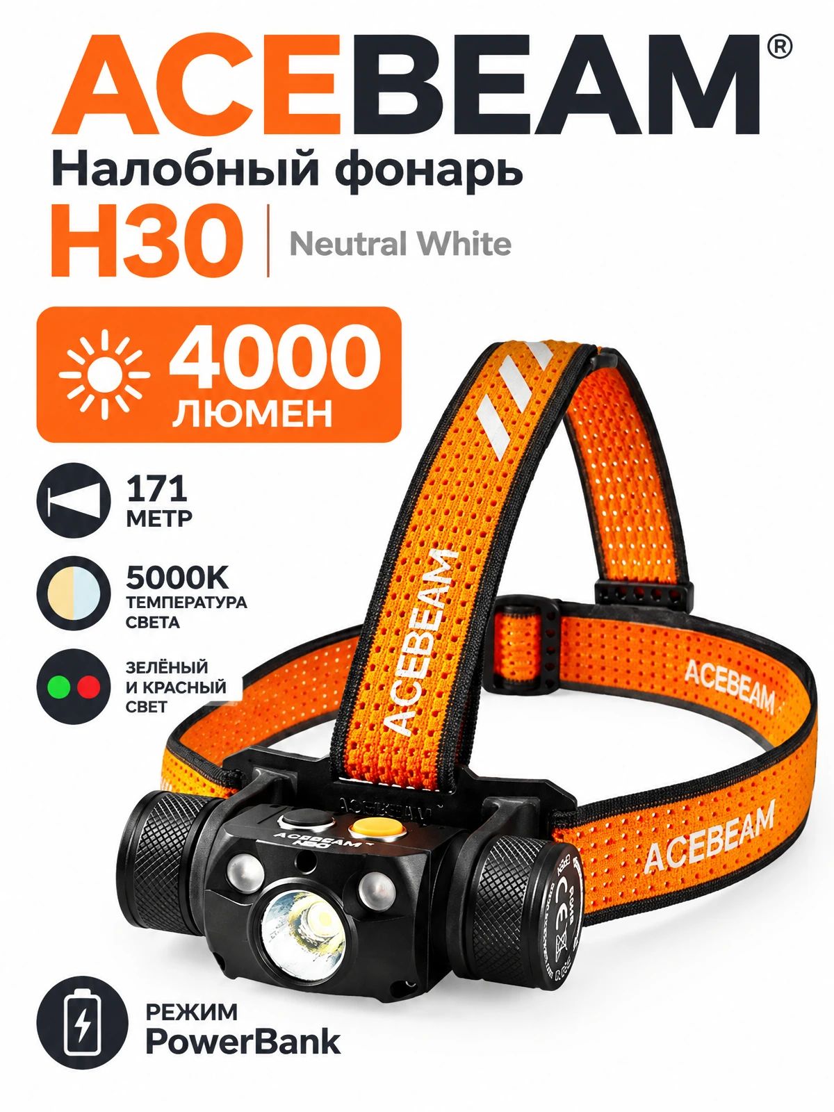 Налобный фонарь Acebeam H30 Neutral white, 21700, диод Cree XH-P 70.2/RG Led, 171 метр, 4000 люмен (Комплект)