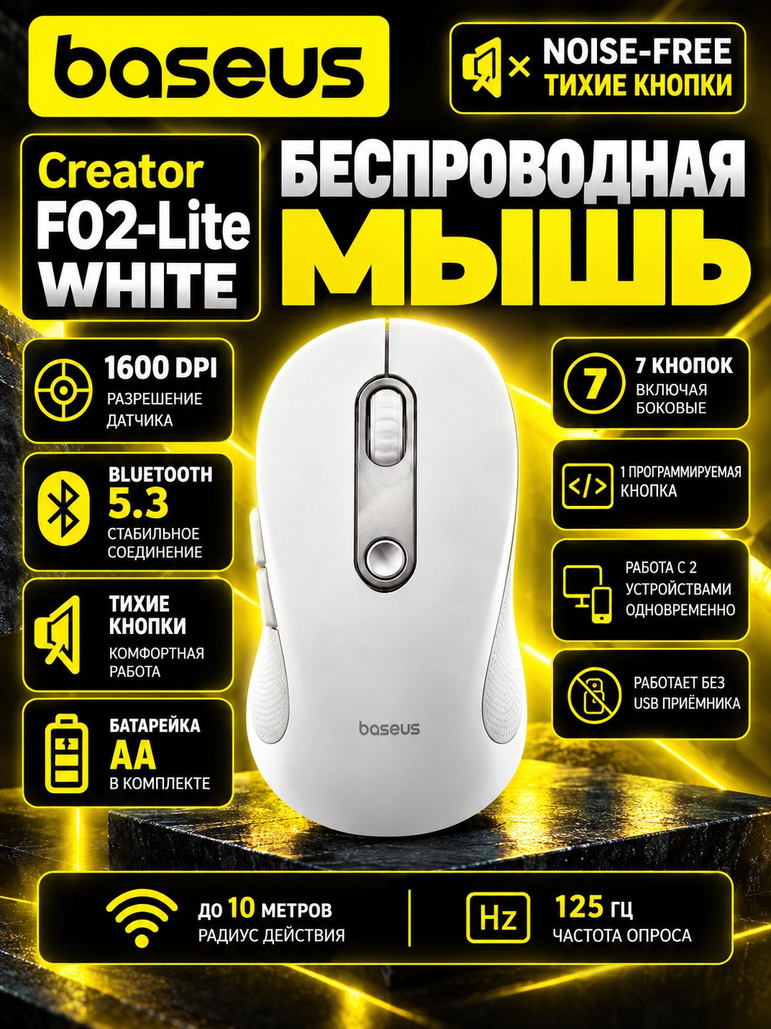 Беспроводная мышь Baseus F02 Lite Белая эргономичная Bluetooth 5.3