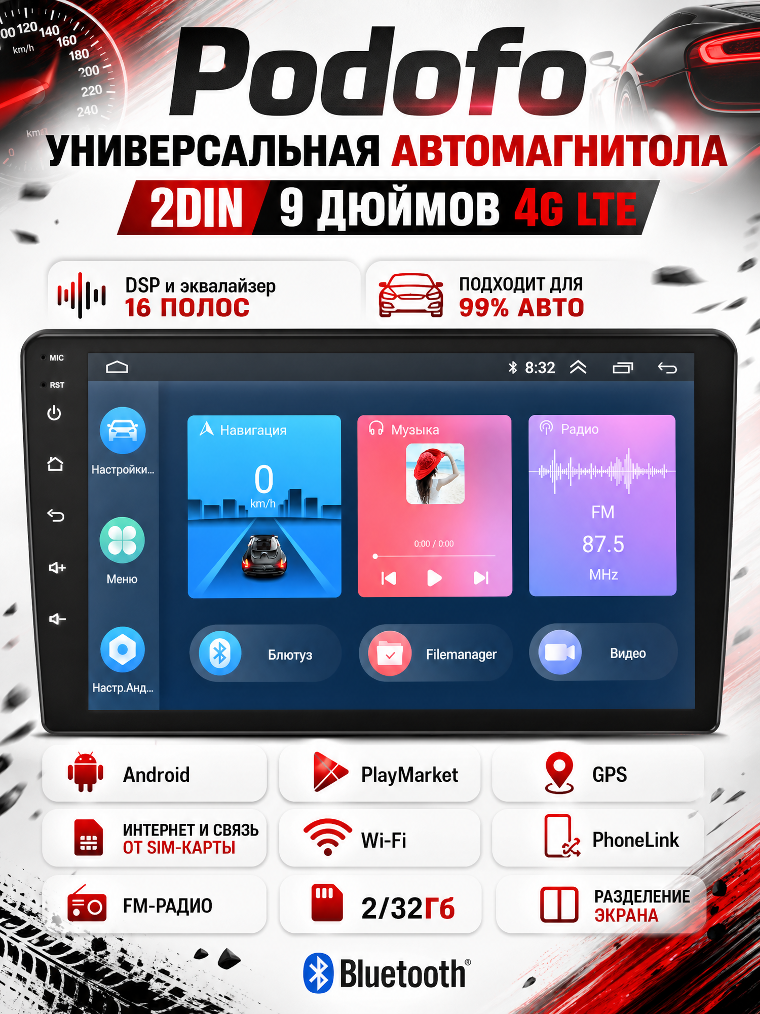 Универсальная магнитола на Android 2-DIN Podofo 9 дюймов, 2/32Гб, 4G LTE, DSP, Эквалайзер, Bluetooth, GPS. Гарантия год