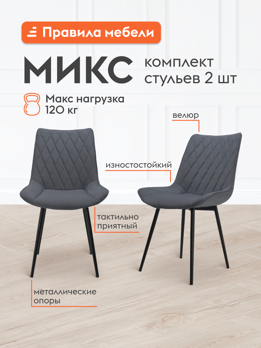 Стул для кухни Микс 2 шт. с мягким сиденьем, без подлокотников, 53х63х87 см, Темно-серый, велюр / Черный, металл