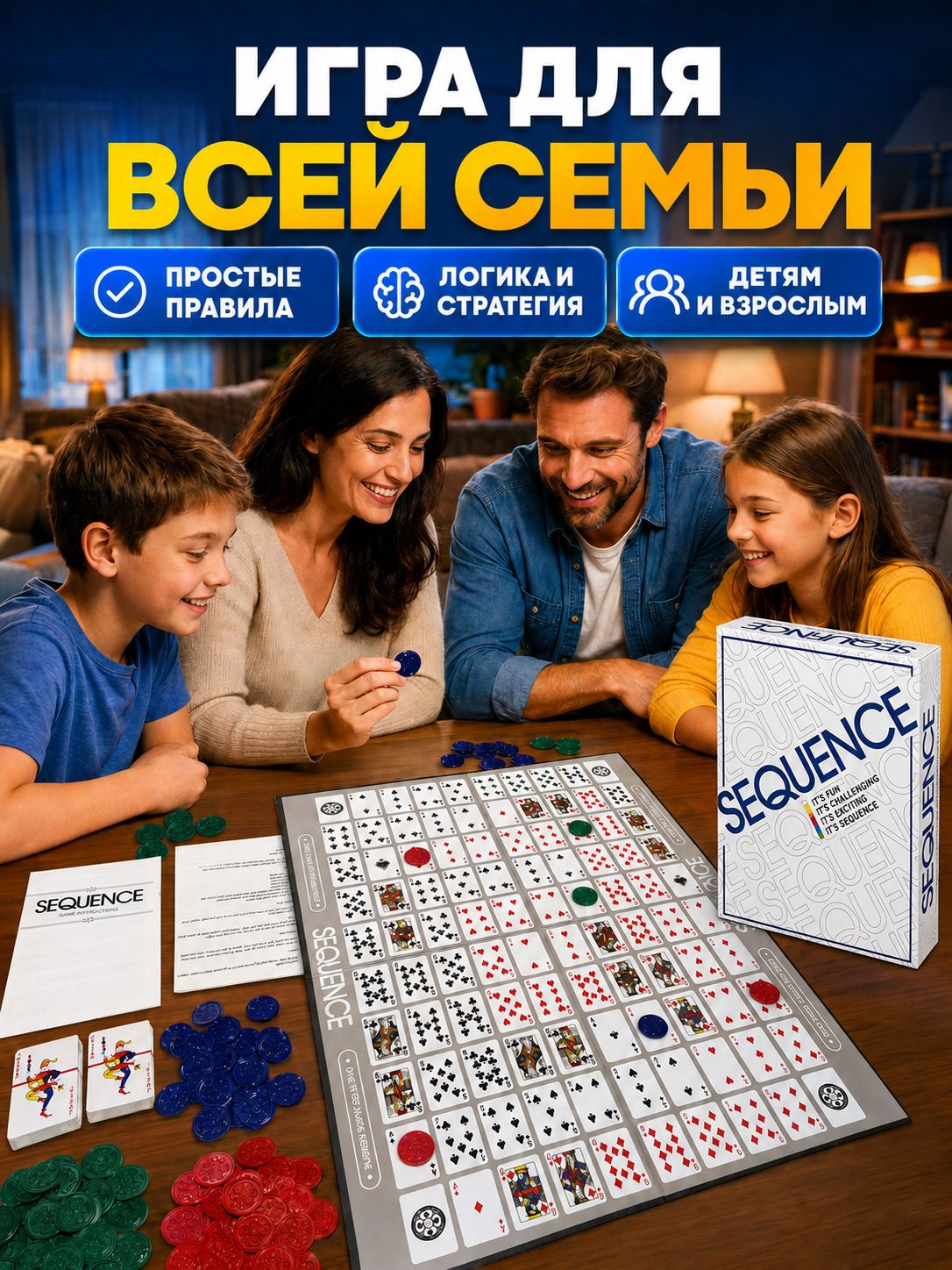 Настольная игра Sequence для всей семьи, Сиквенс с картами и фишками, логическая игра для компании