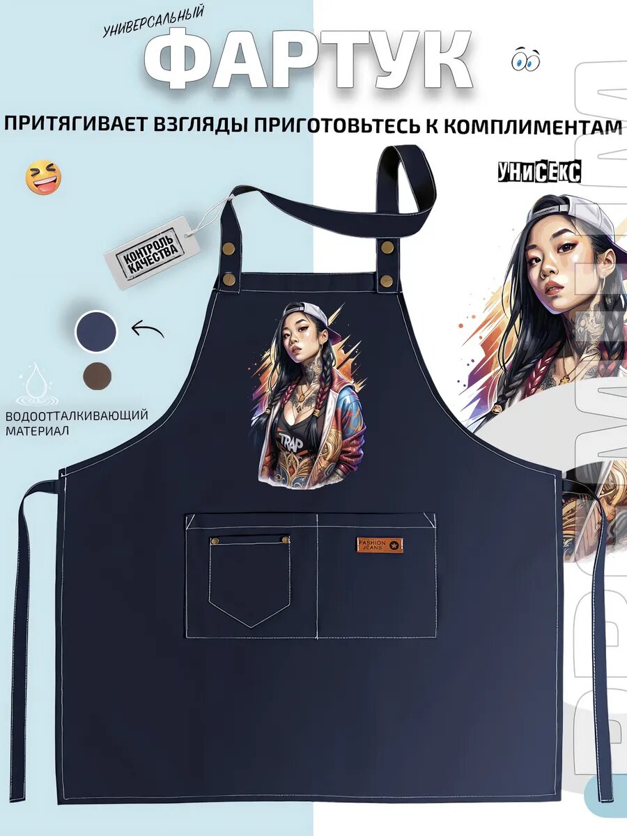 Фартук Акира Akira аниме девушка с татуировками и кепкой кухонный с принтом универсальный