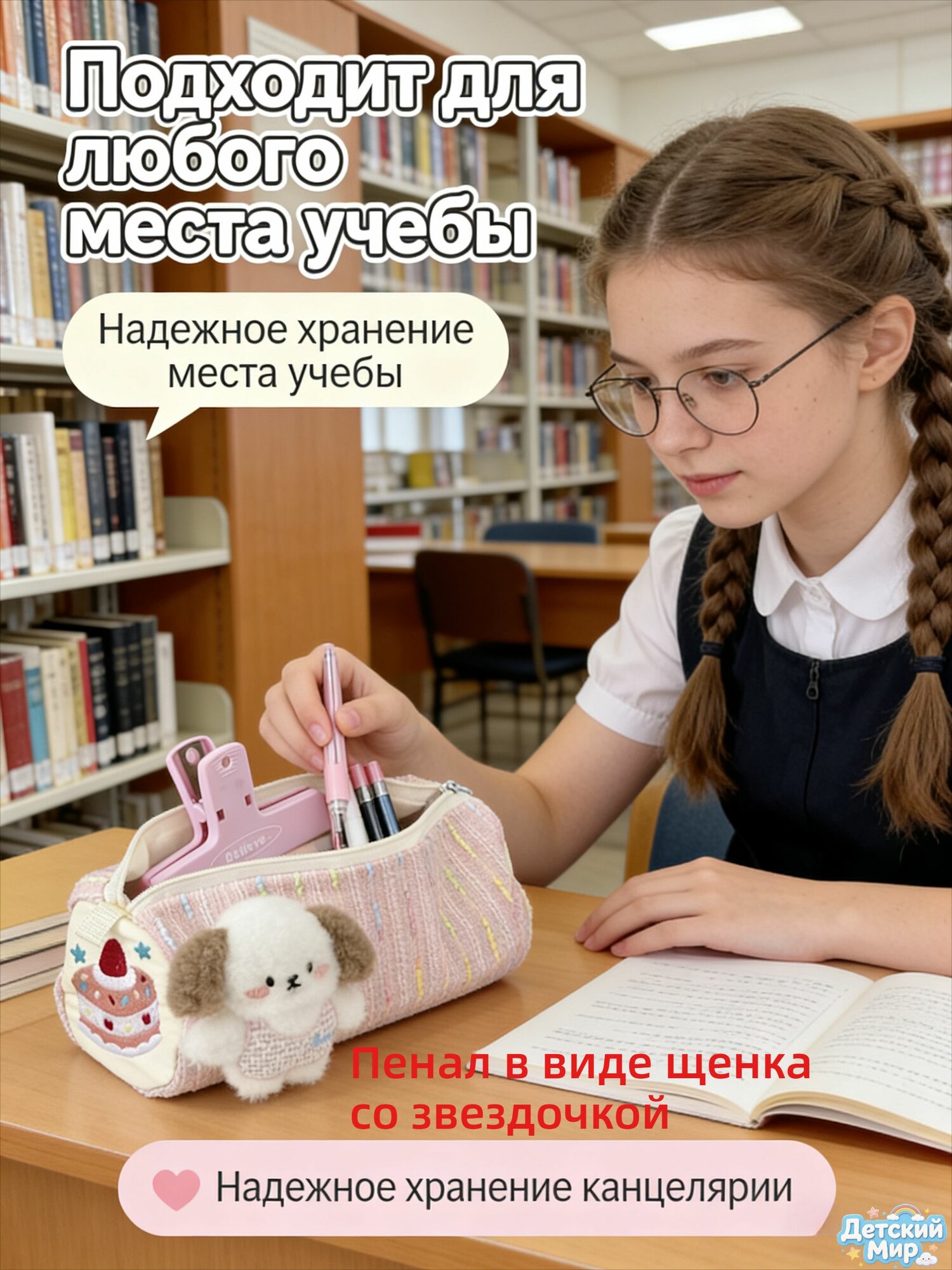 Милый пенал с вышитым тортиком и щенком, стильная сумка для канцелярских принадлежностей с мультяшным рисунком, вместительное отделение для хранения вещей для студентов.