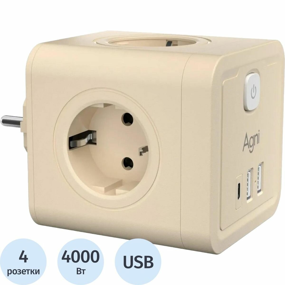 Тройник AGNI 4/220 + 2 USB + 1 Type C, слоновой кости(TP-WJ3U4E-C-ivory) (2444501)