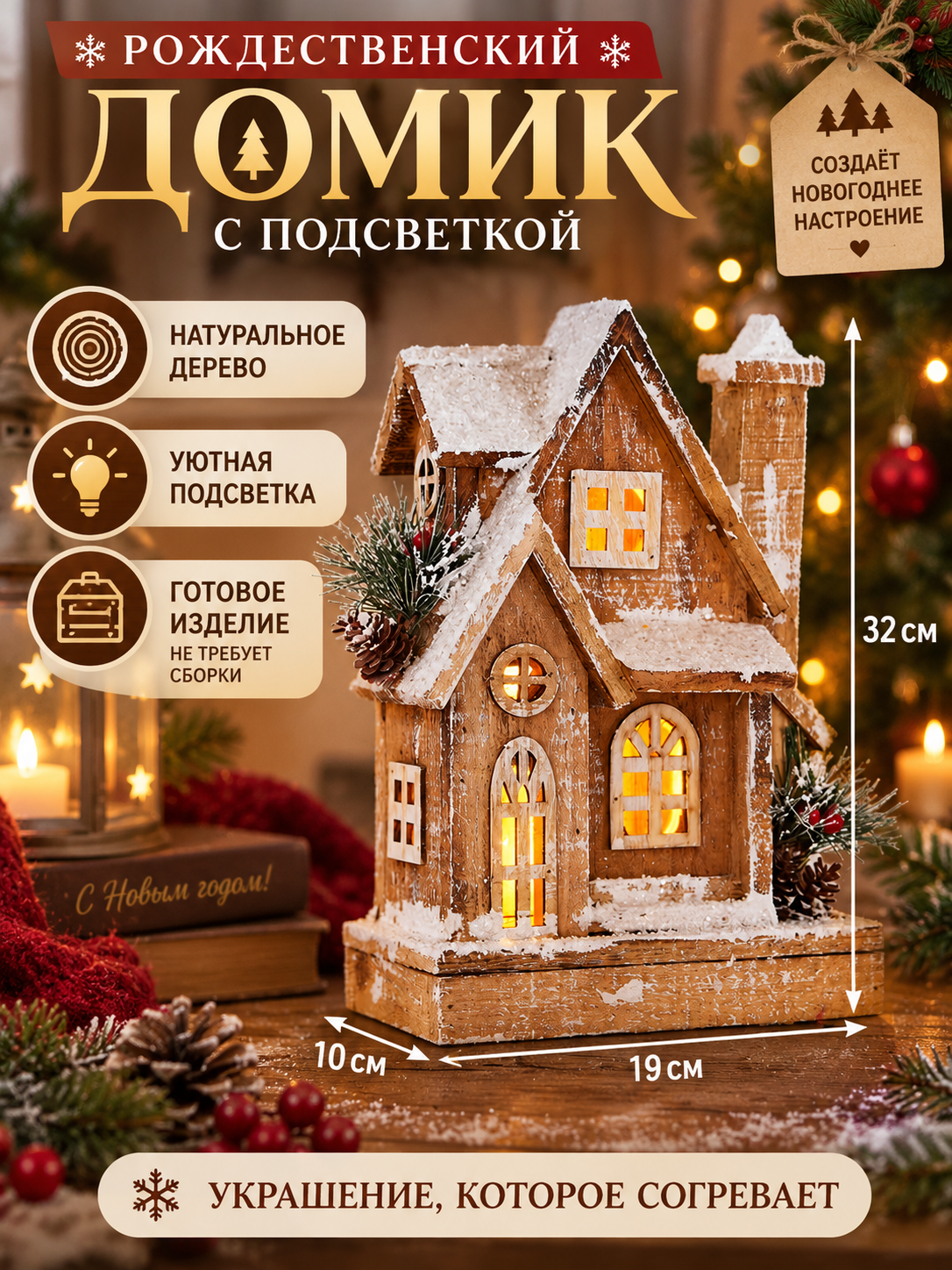 Новогодний декор деревянный светящийся, елка домик с подсветкой, на батарейках, на подоконник, для витрин кафе