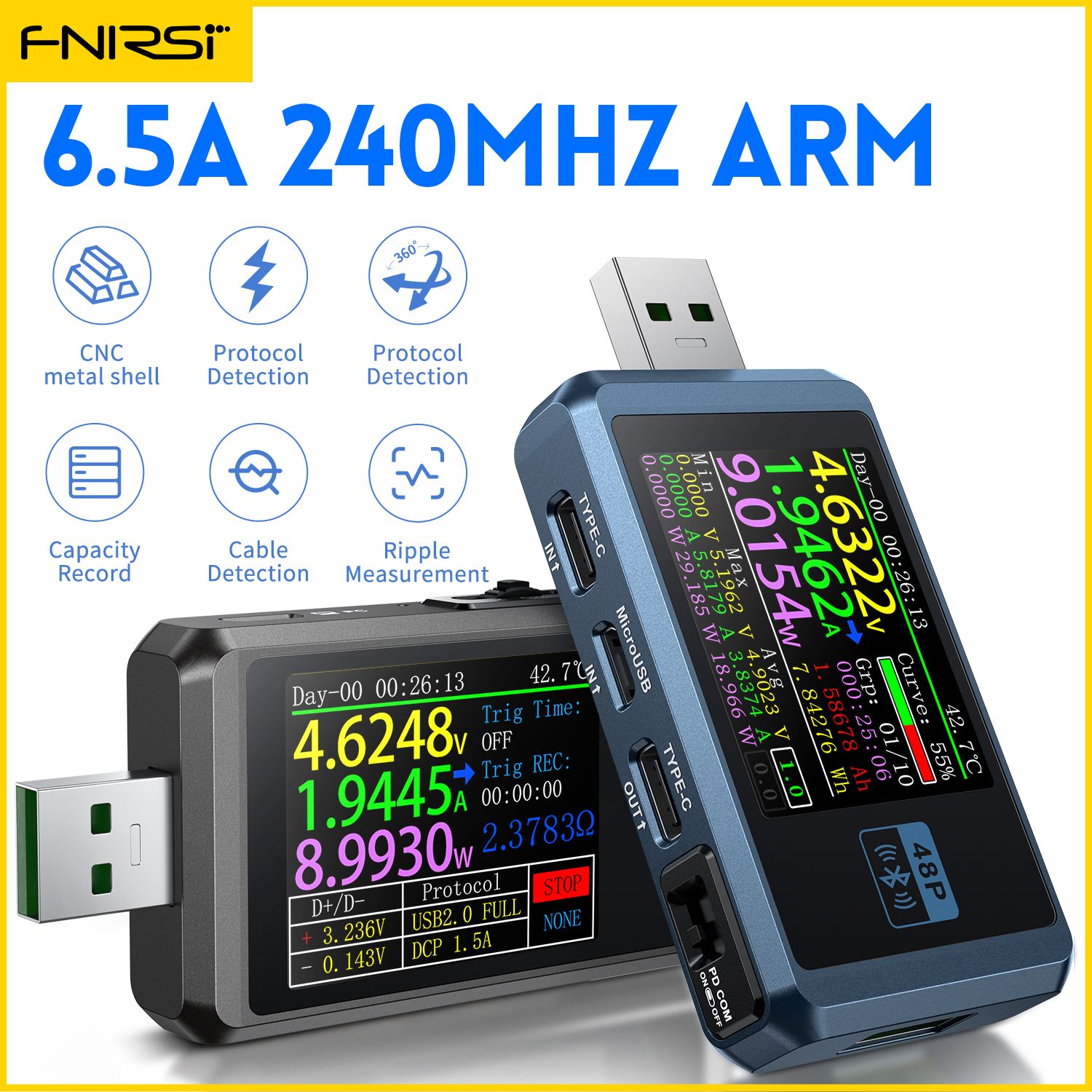 USB-тестер FNIRSI FNB48P Версия многофункциональный, Протокол быстрой зарядки QC4+PD3.0 2.0, PPS, Тест емкости, цифровой измерение напряжения/тока/мощност