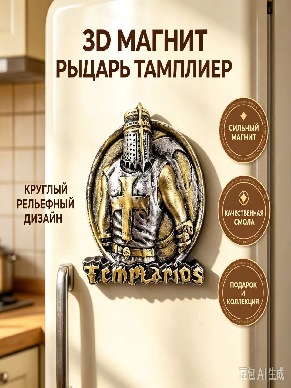 Магнит на холодильник 3D Рыцарь Тамплиер Templarios, круглый рельефный, сувенир из смолы, ручная роспись, 5.8 см