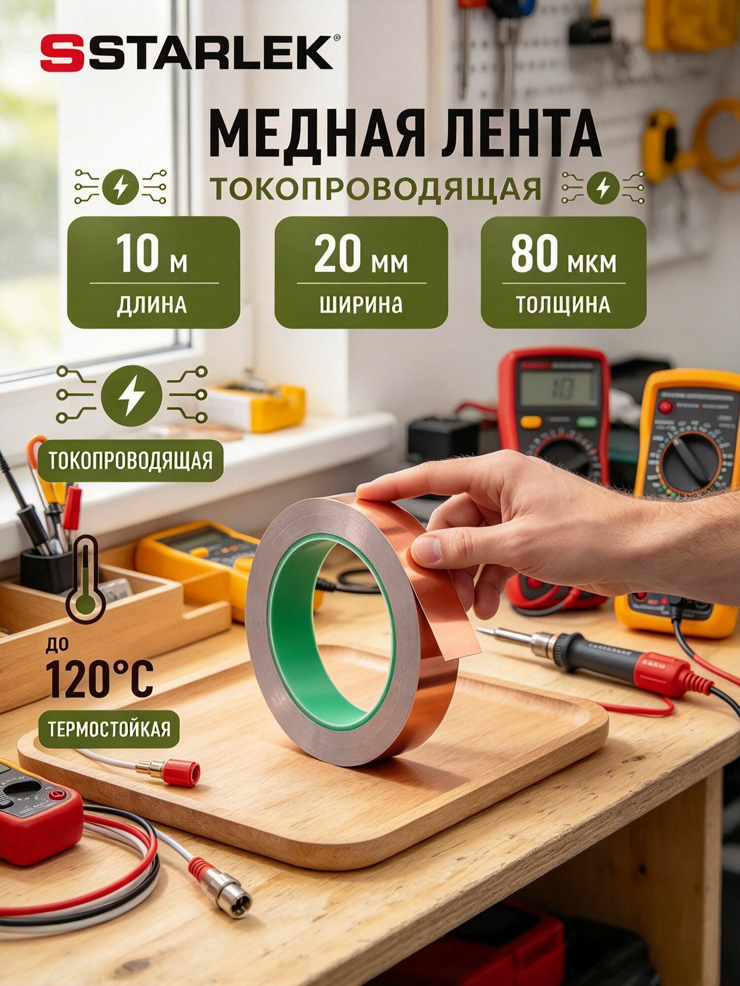 Токопроводящая лента 20 мм 10 м, 1 шт, Артикул: 5975749573, Материал изготовления: Медь