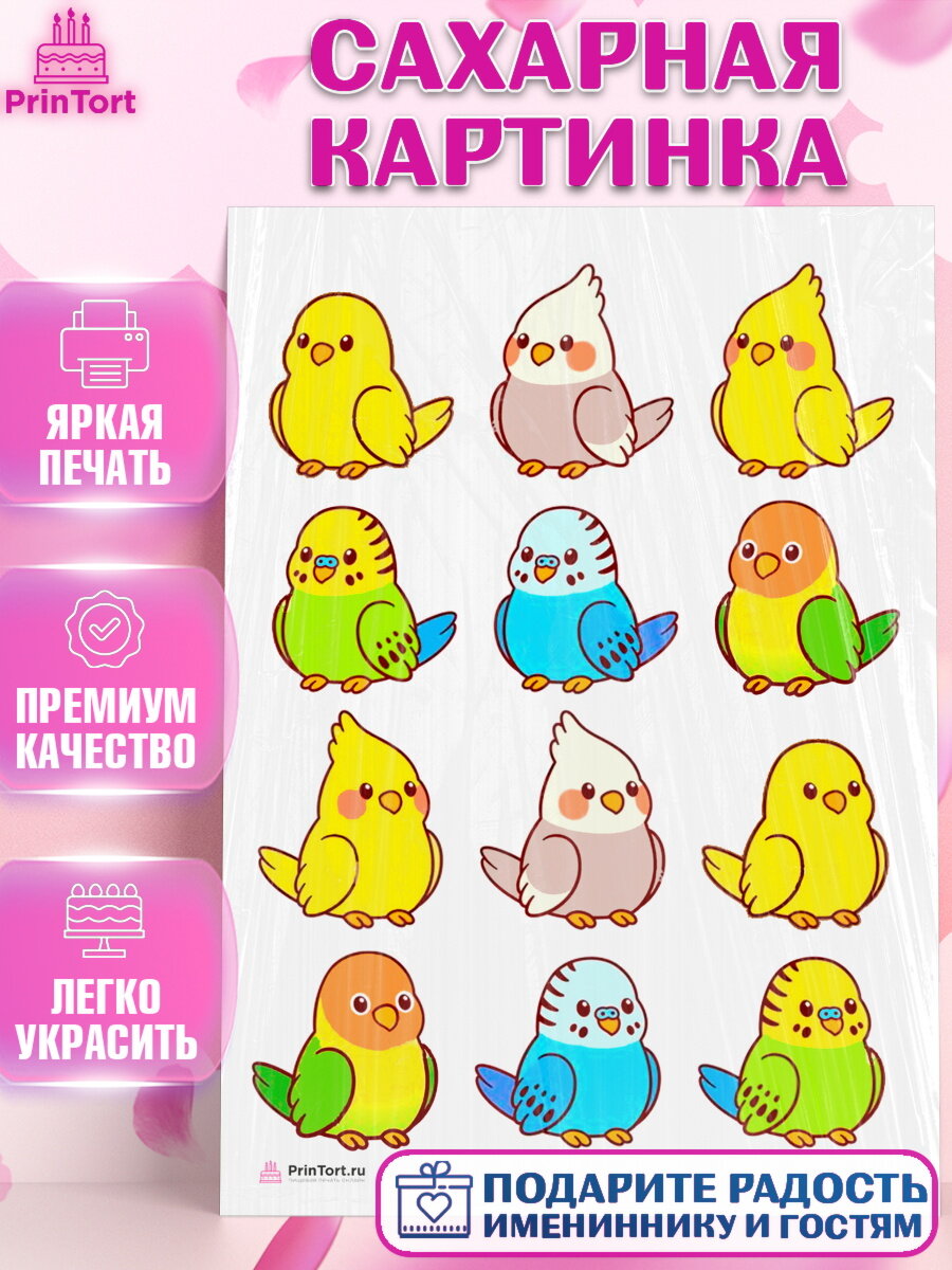 Сахарная картинка для торта Птички. Украшения для торта на День Рождения. Декор для выпечки PrinTort
