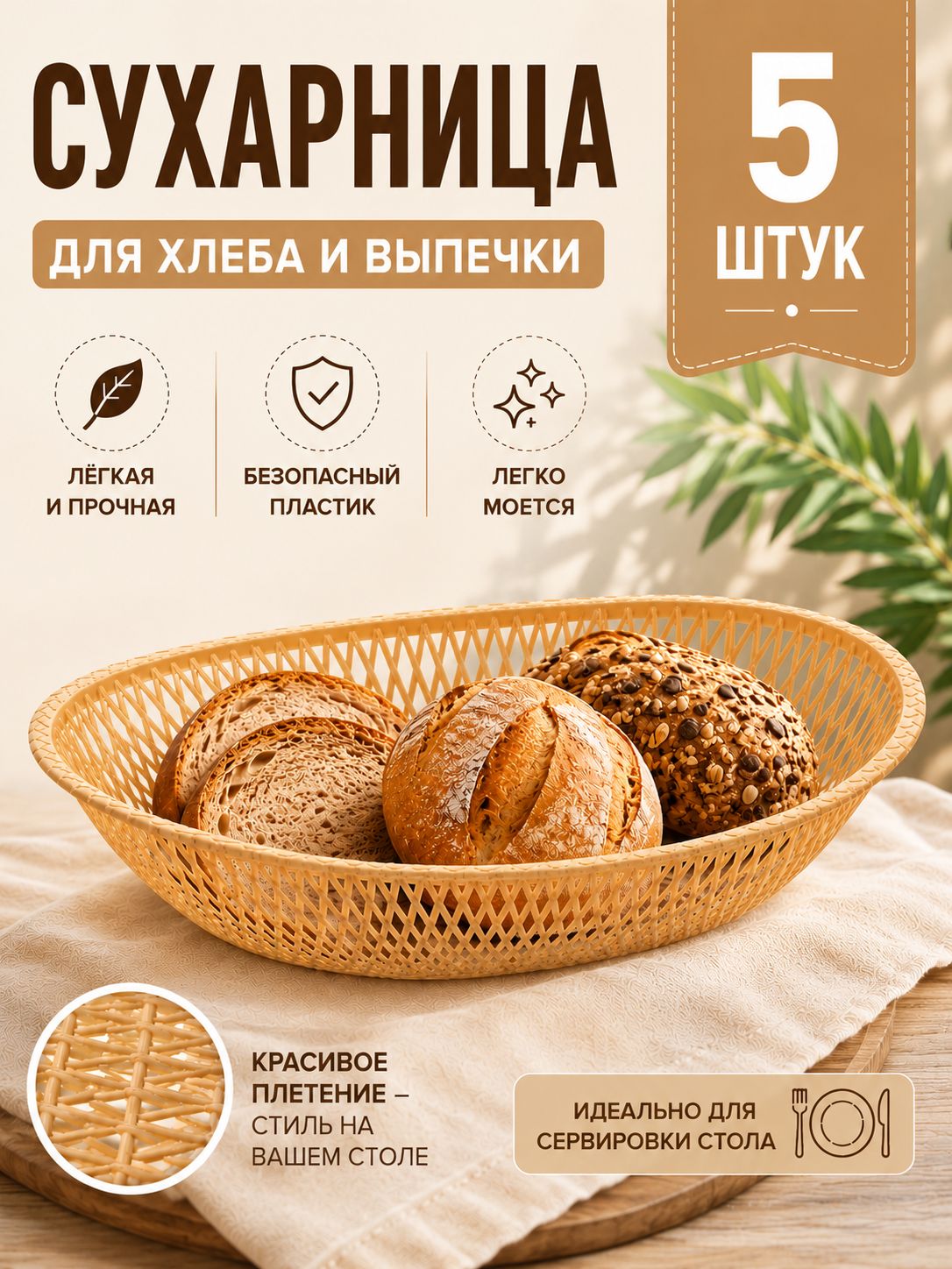 Сухарница для хлеба и выпечки, 5 штук в комплекте, бежевый цвет