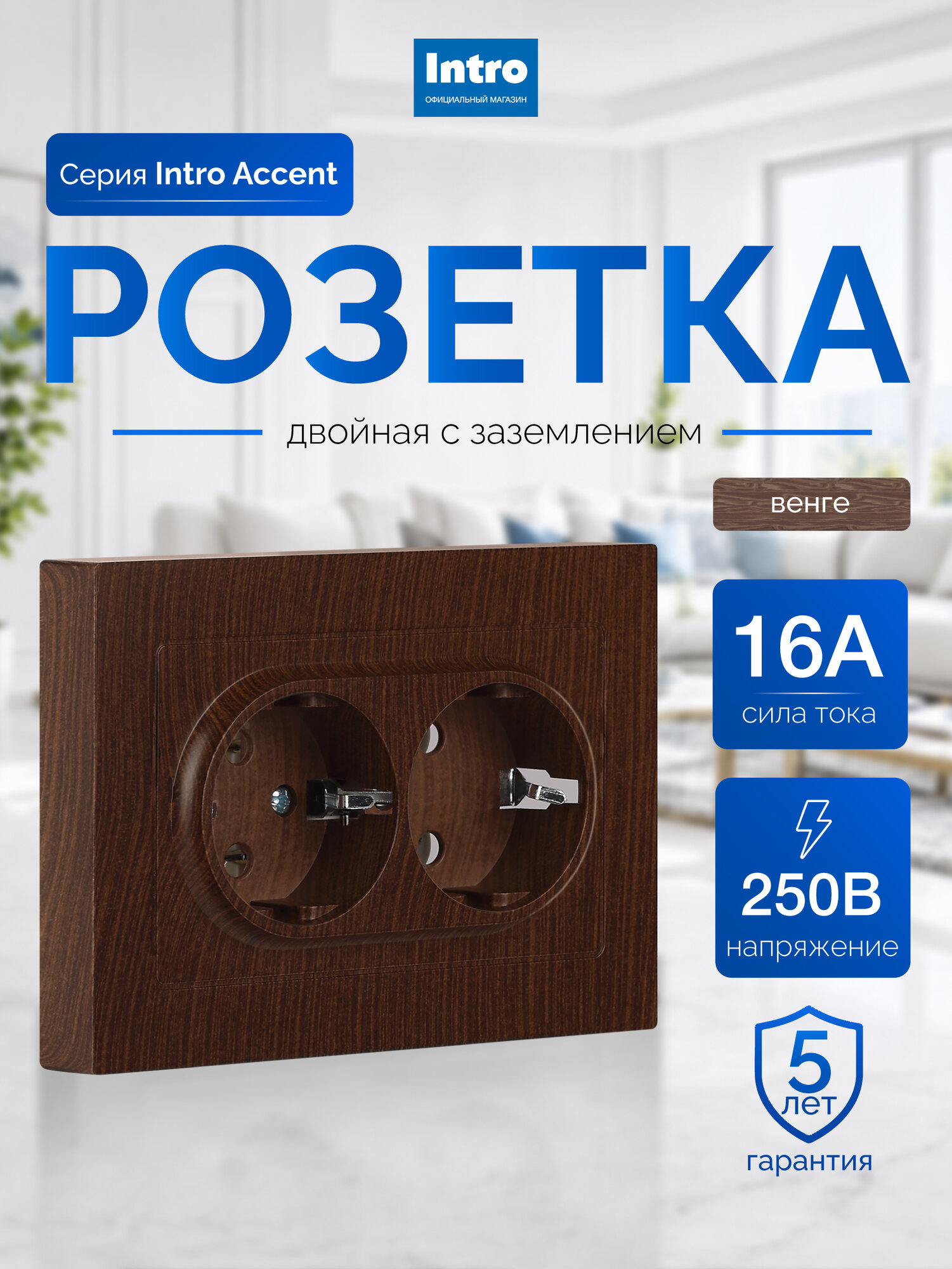 Розетка Intro Accent 6-205-10 с заземлением двойная 2X2P+E Schuko, 16А 250В, IP20, скрытой установки, венге