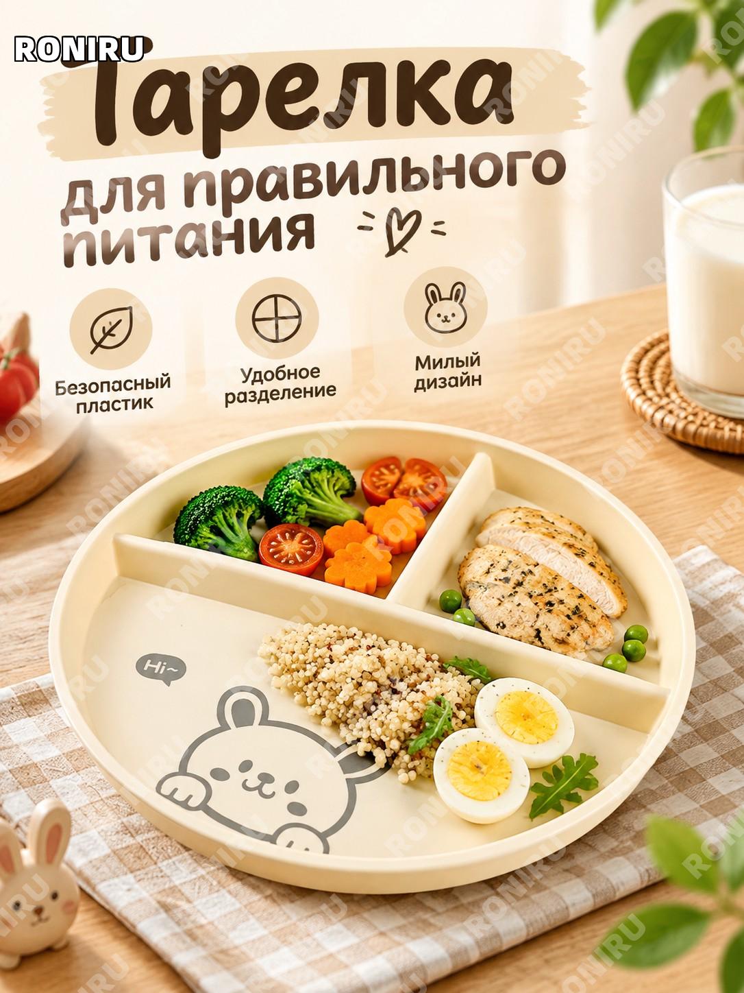 Трёхсекционная тарелка для диетического питания бежевая Фаньфаньту, пластиковая разделённая тарелка с полосками