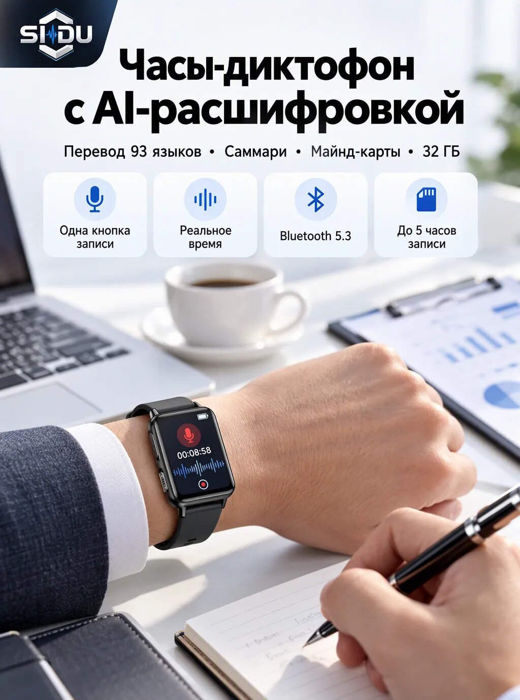 Диктофон-часы SHDU S18A с AI-расшифровкой речи в текст, память 32 ГБ, перевод 93 языков, Bluetooth 5.3, чёрный