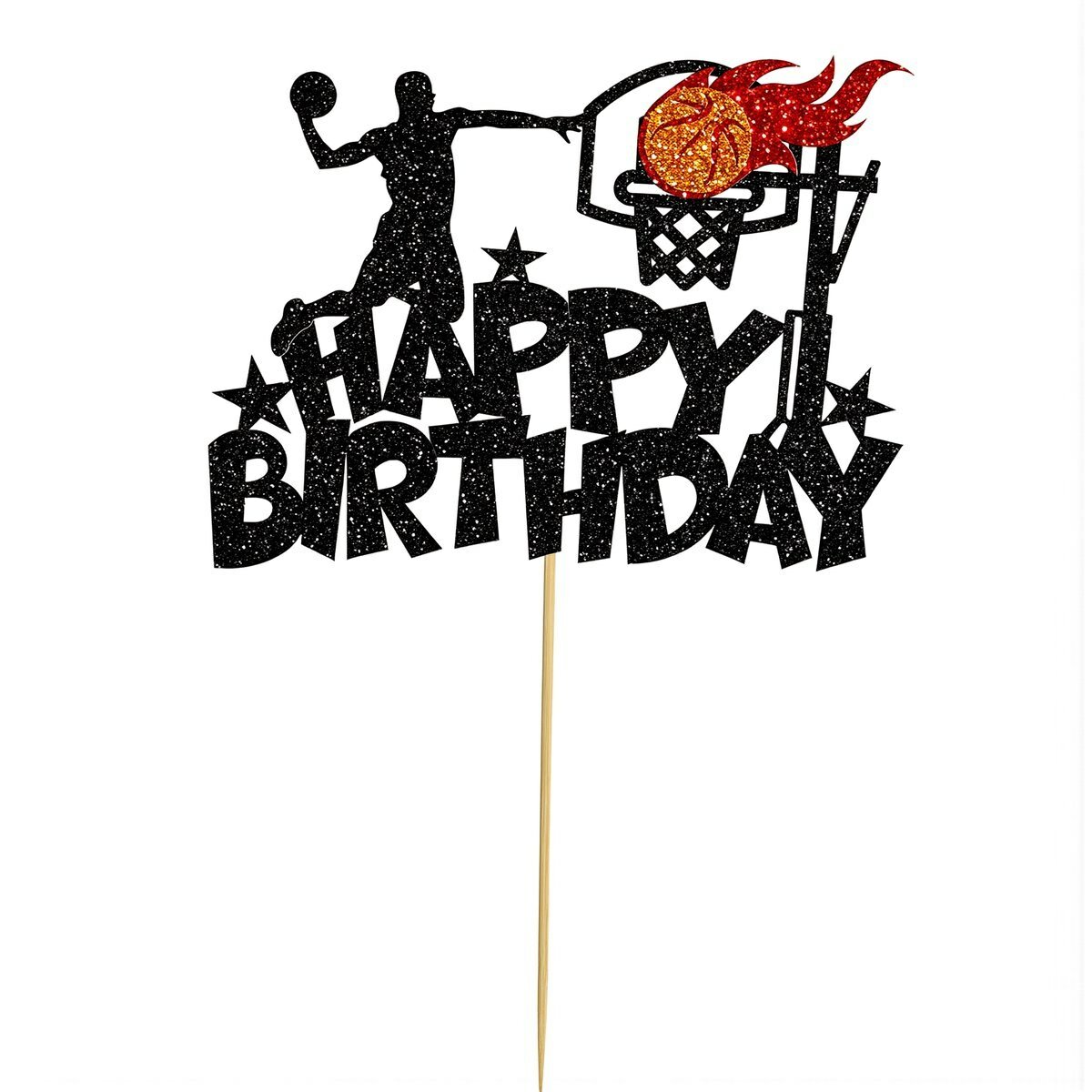 Топпер для торта баскетбольный Happy Birthday, глиттерное блестящее покрытие, для десертного стола на день рождения, на деревянной палочке, Большой топпер, 1 шт