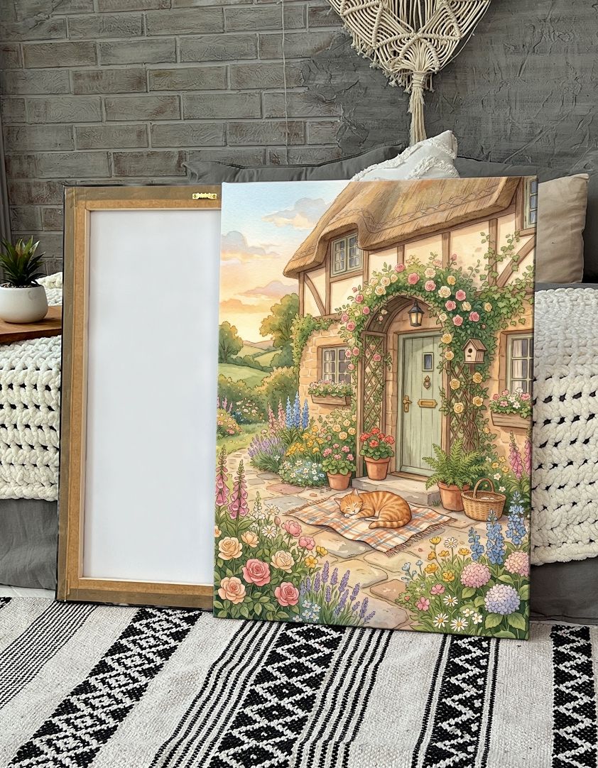Картина на холсте (кот, рыжий кот, спящий кот, соломенный дом, коттедж, сад, розы) 30x40 см. Интерьерная на стену. Украшение в комнату. В подарок.