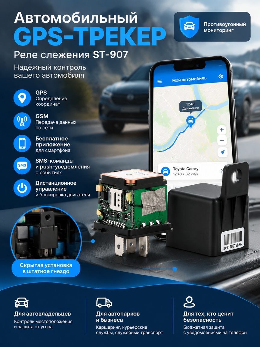 Трекер-реле для авто: GPS и GSM слежение, бесплатное приложение и защита от угона