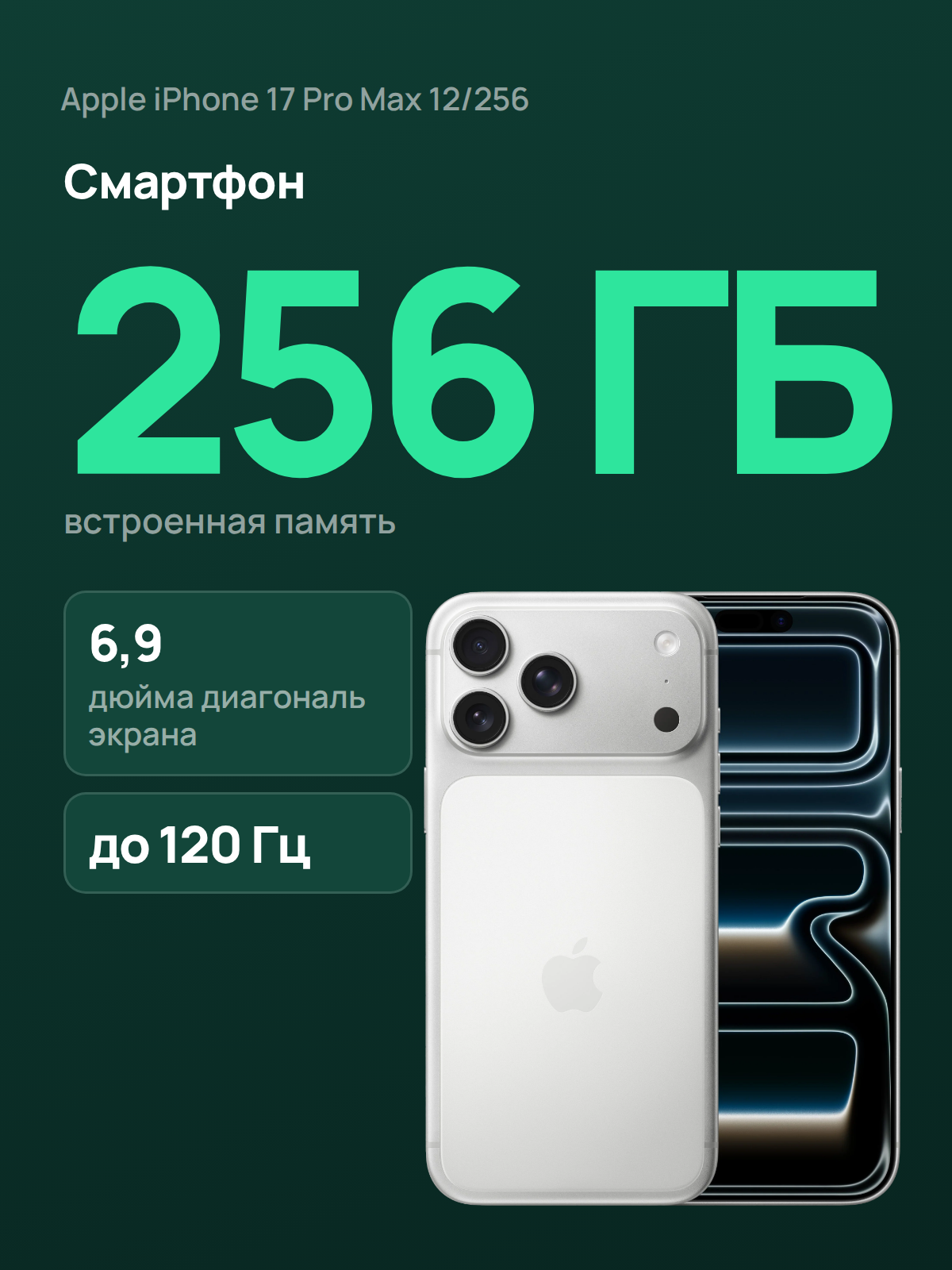 Смартфон Apple iPhone 17 Pro Max 256 ГБ серебристый, 12 ГБ ОЗУ, экран 6,9 дюйма, 5G, nano-SIM и eSIM