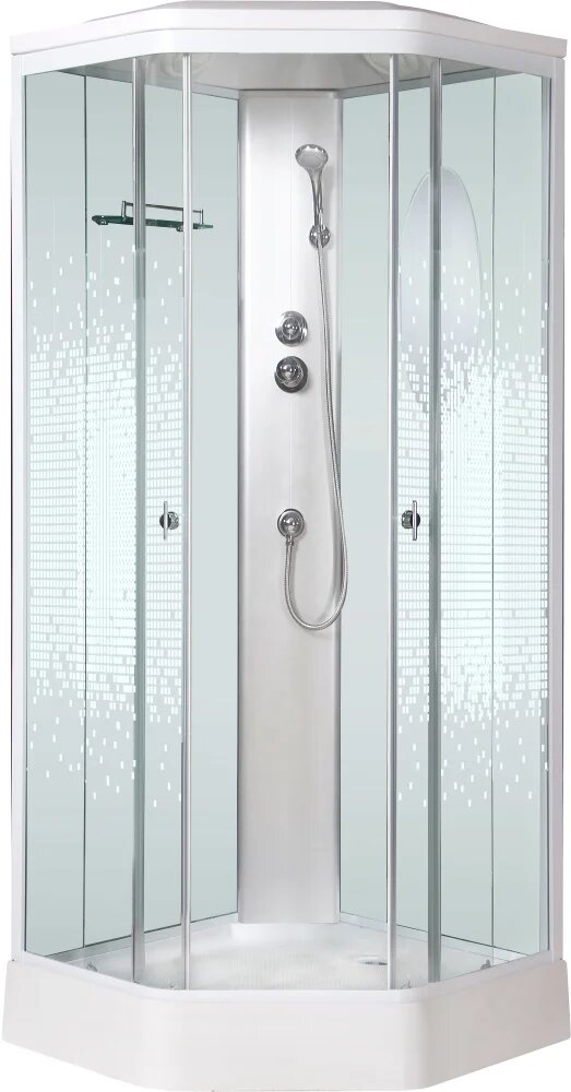 Душевая кабина Niagara NG-2306-01 стеклянная, 90x90, пятиугольная, закрытая (с крышей), без гидромассажа, средний поддон, с белым профилем, с функцией тропический душ