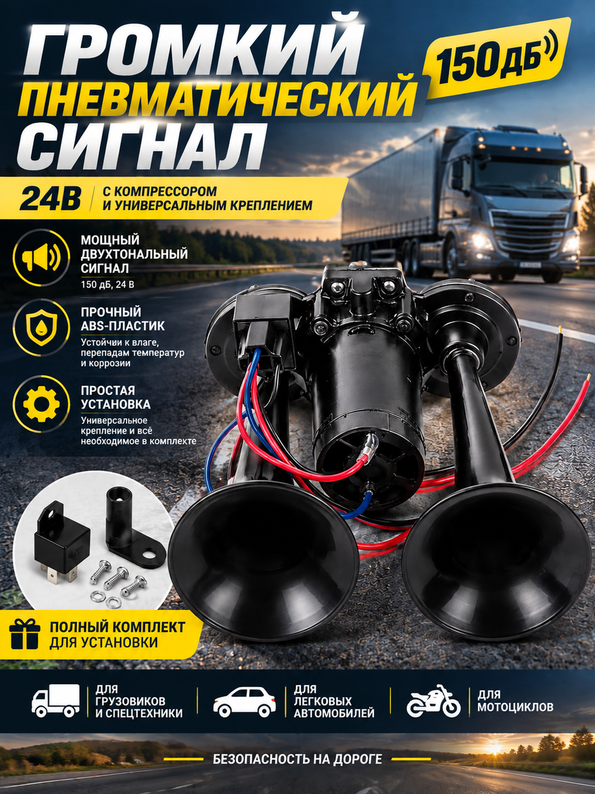 Громкий пневматический сигнал 150дБ 24В с компрессором и универсальным креплением