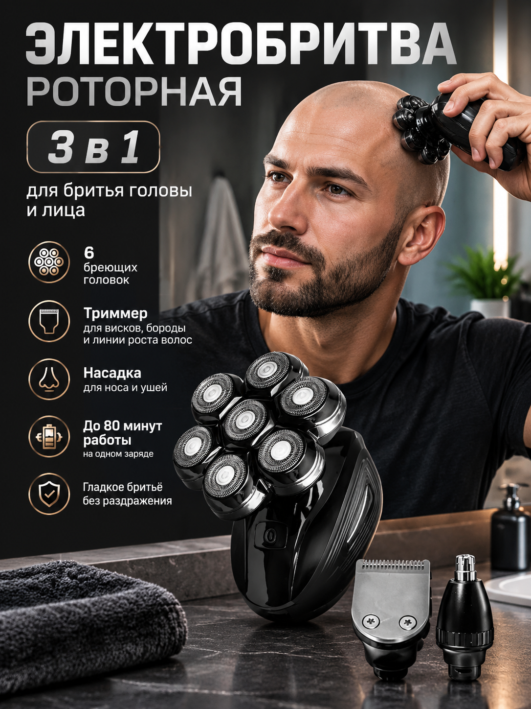 Электробритва роторная 3 в 1 для бритья головы и лица, шесть лезвий, триммер и насадка для носа