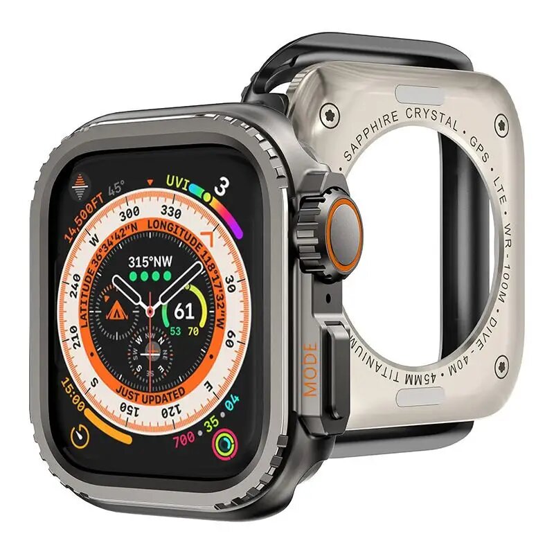 Металлический защитный чехол бампер Ultra для Apple Watch 4-9 и SE 44 мм, 45 мм с противоударными свойствами и функцией защитного экрана, мгновенно придаёт внешний вид Apple Ultra