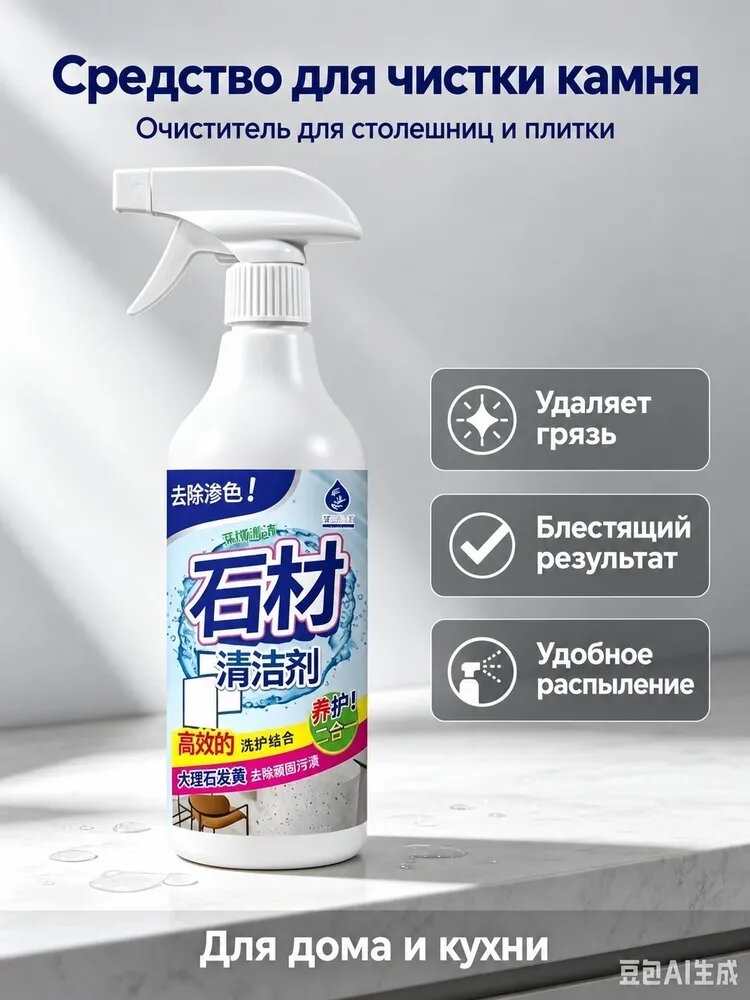 Чистящее средство для камня в спрее, для мрамора, кварцевого камня, плитки и кухонных столешниц, 1 флакон с распылителем